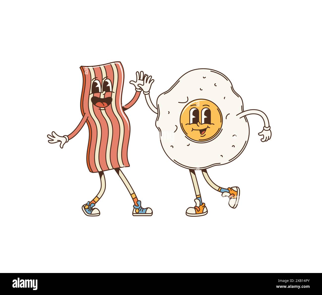 Retro cartoon groovy breakfast bacon and fried egg character. Cute and ...