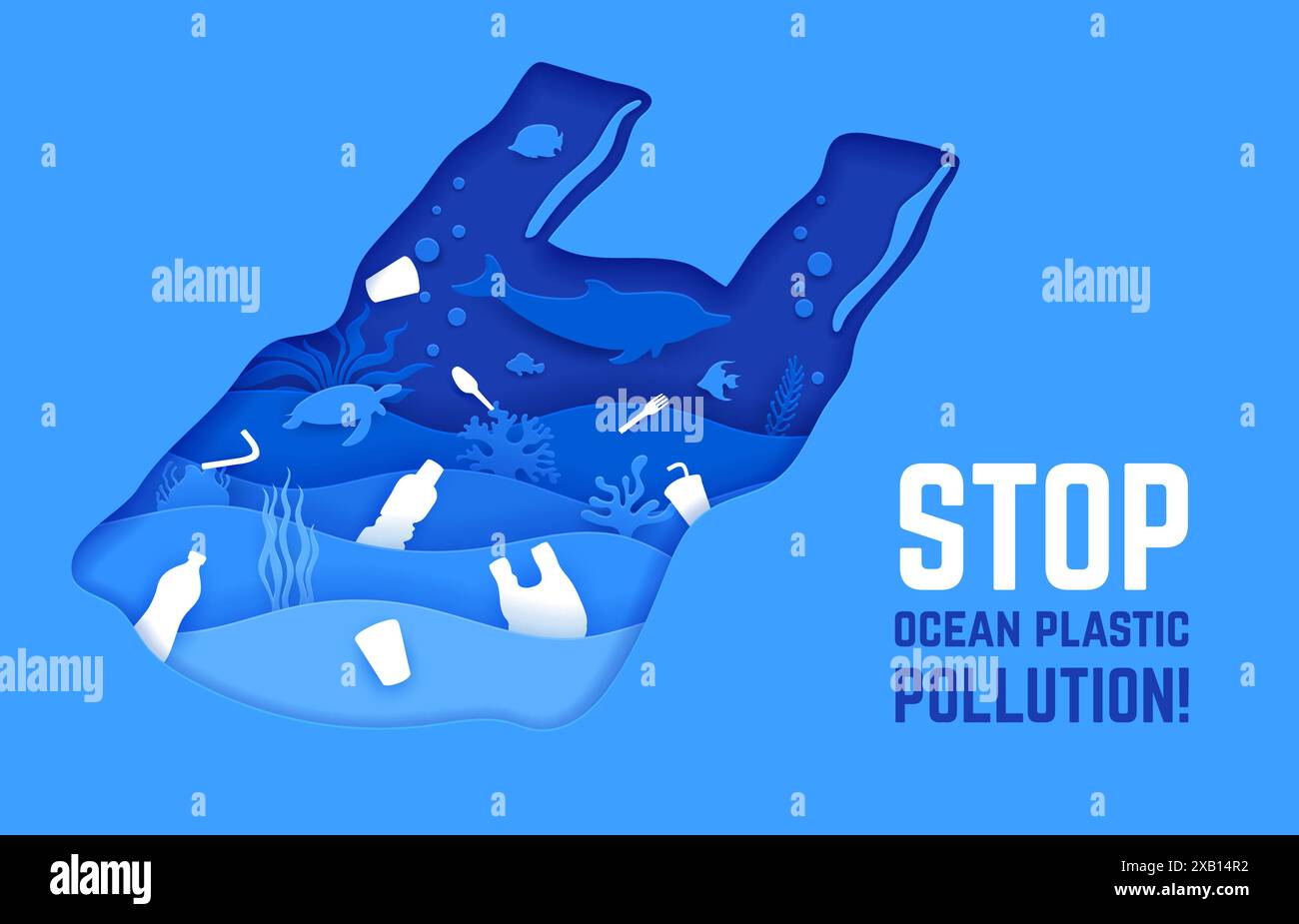 Polluted water, plastic waste on the sea bottom. Stop ocean plastic ...