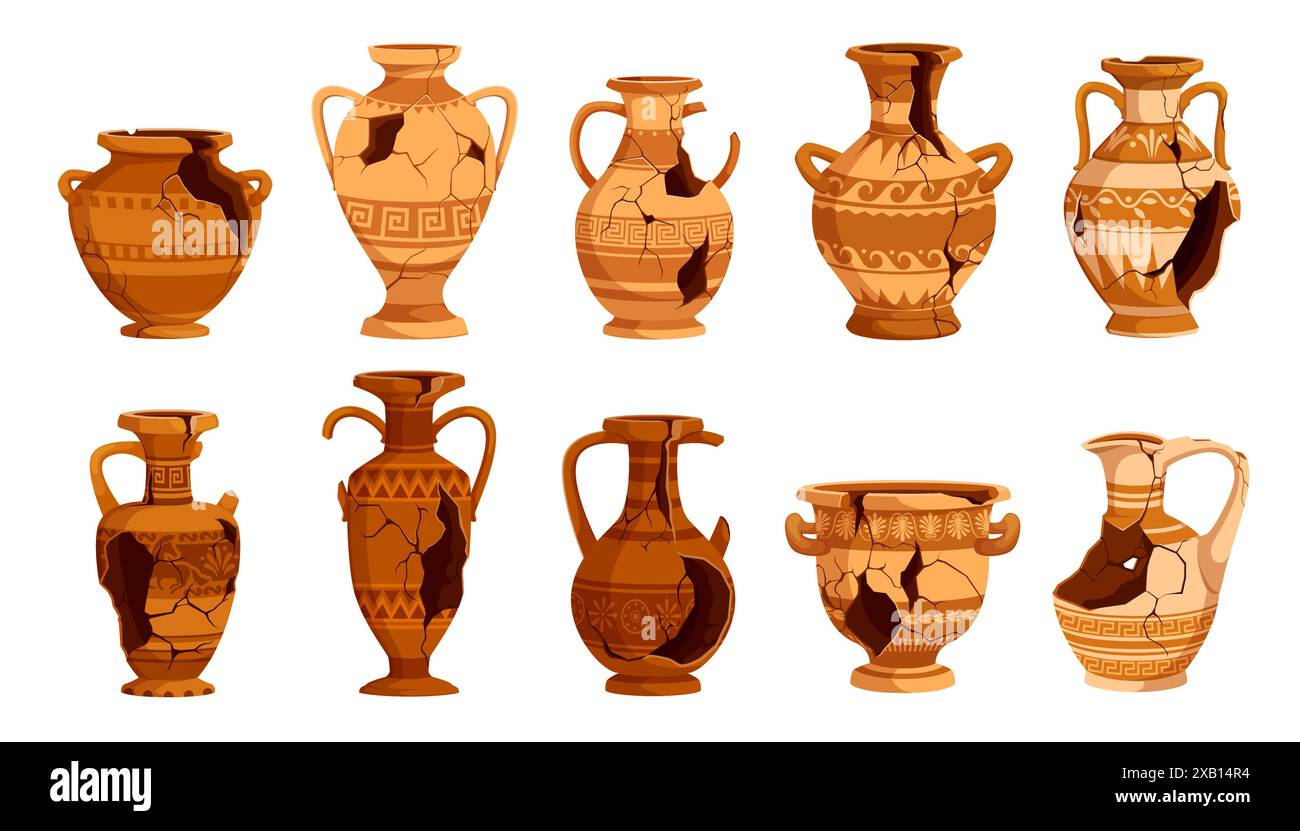 Ancient broken pottery and vases. Old ceramic cracked pots and jugs ...