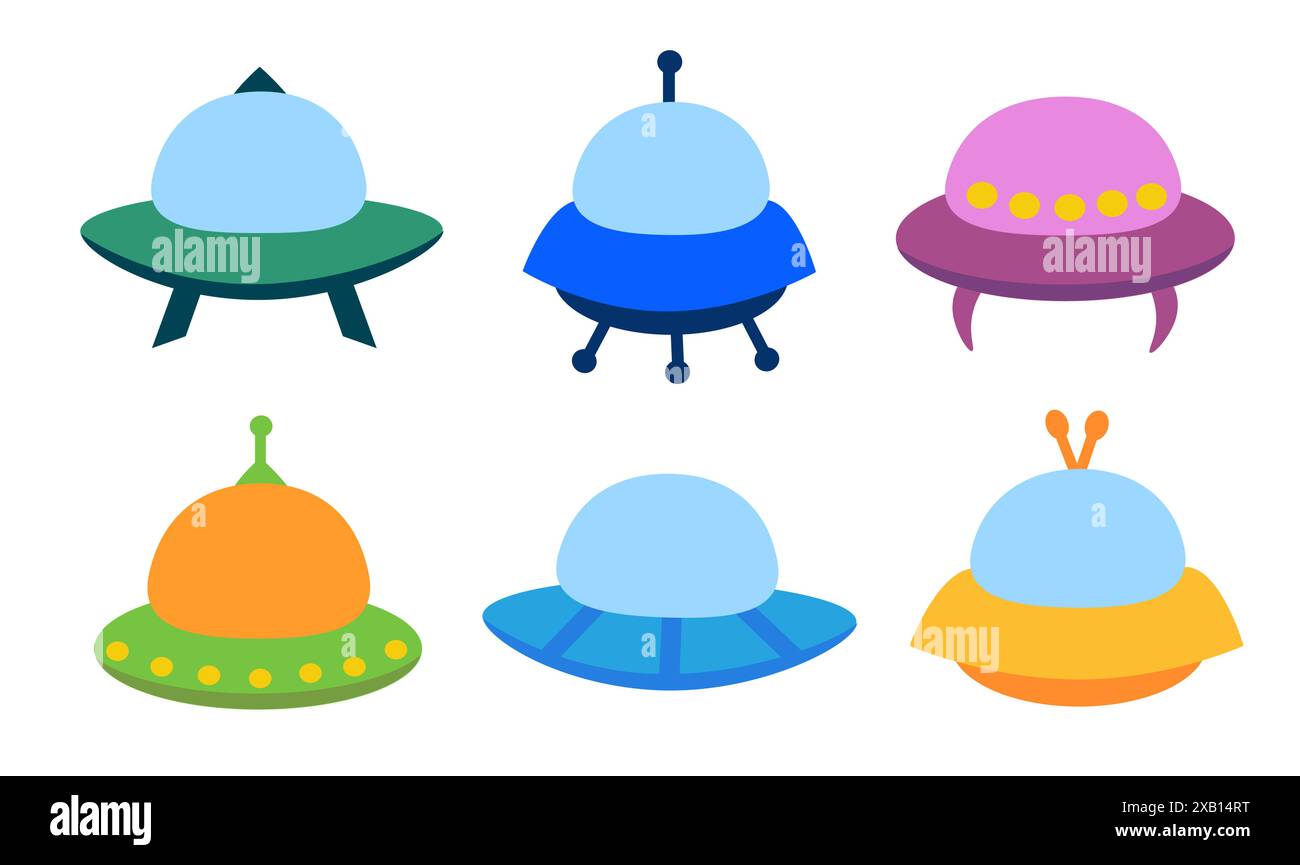 Alien spaceship, spacecrafts and UFO set. Colorful cosmic ship in form ...