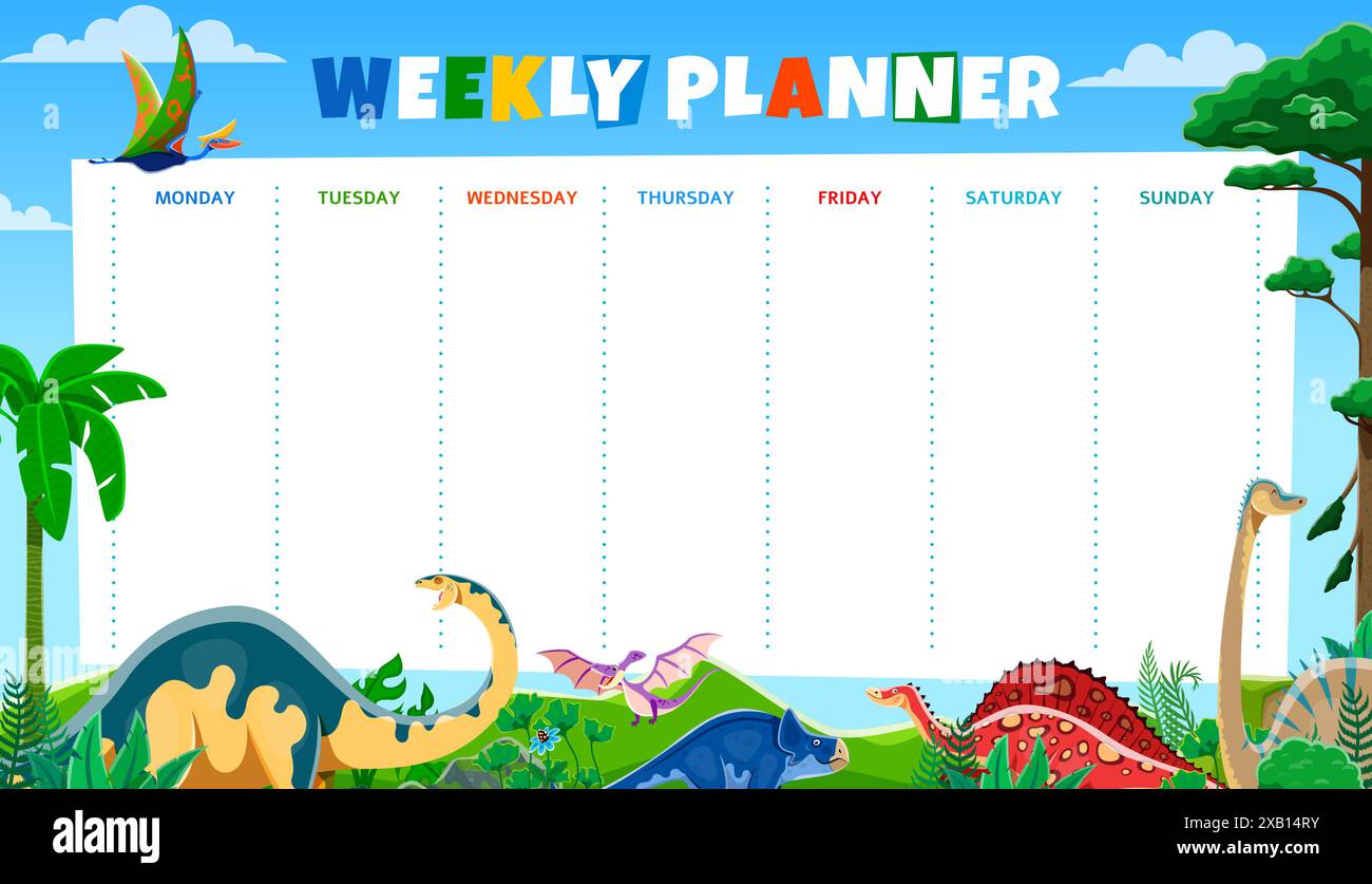 Weekly planner with cartoon dinosaurs. Vector vibrant schedule with ...