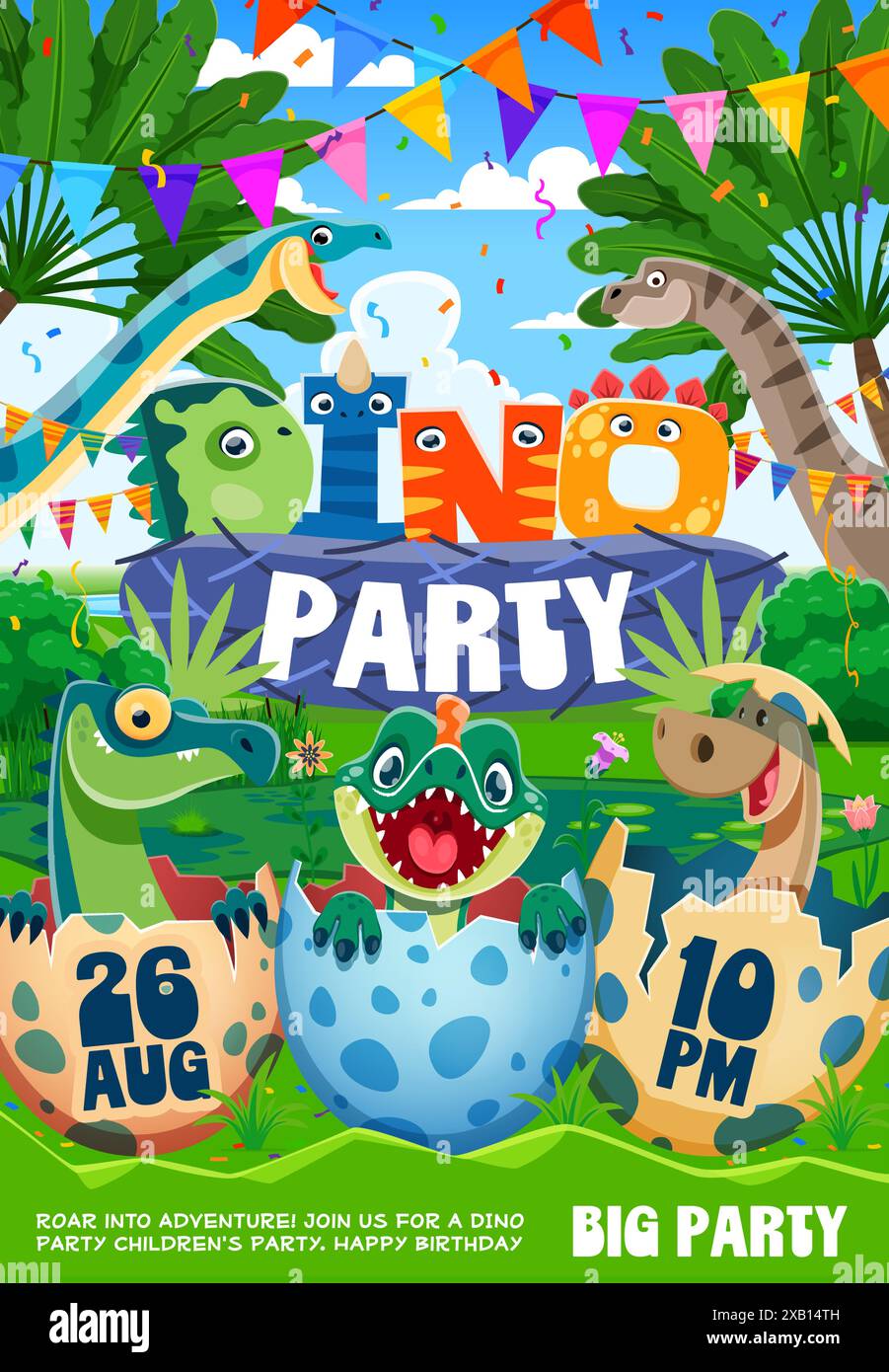 Kid dino party flyer with funny prehistoric dinosaurs. Vector holiday ...