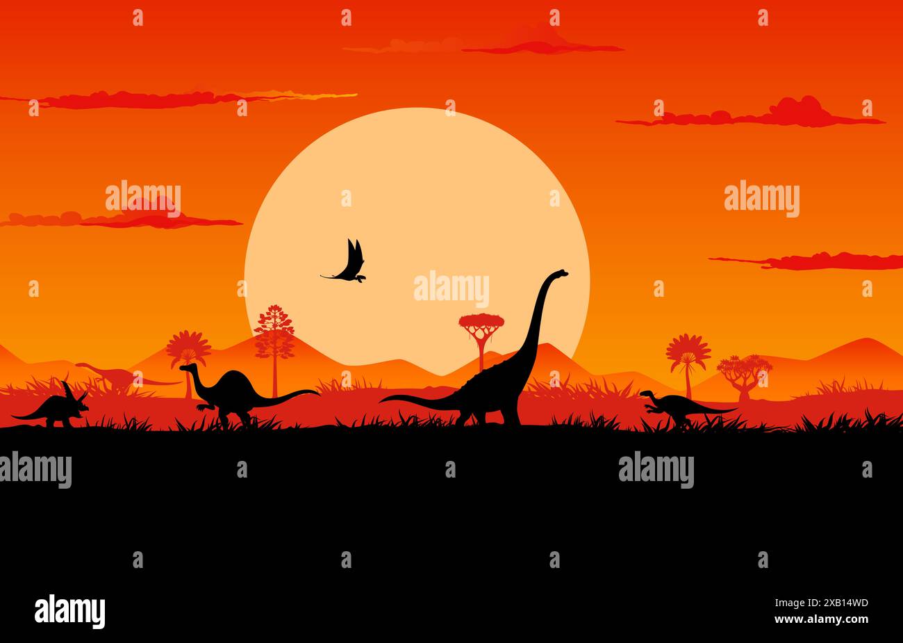 Dinosaurs silhouettes on sunset prehistoric landscape with trees and ...