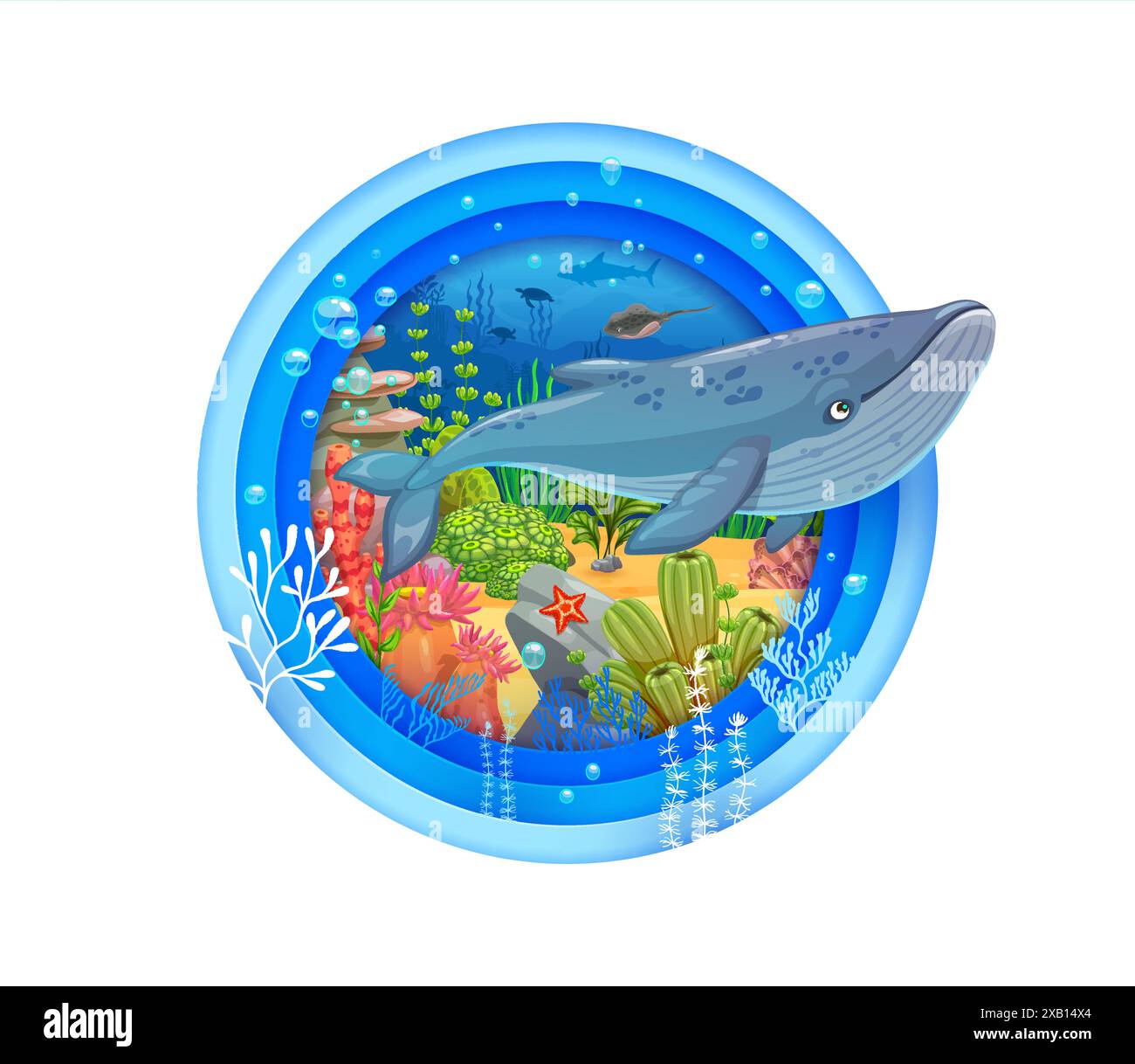 Underwater landscape with whale, paper cut banner with vibrant coral ...