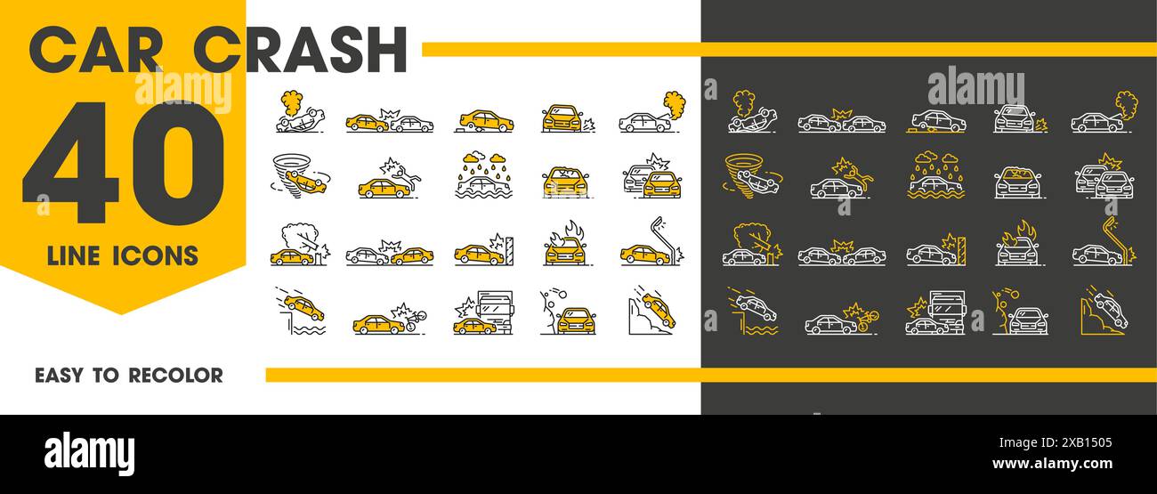 Car crash line icons of traffic accident and vehicle collision on road ...