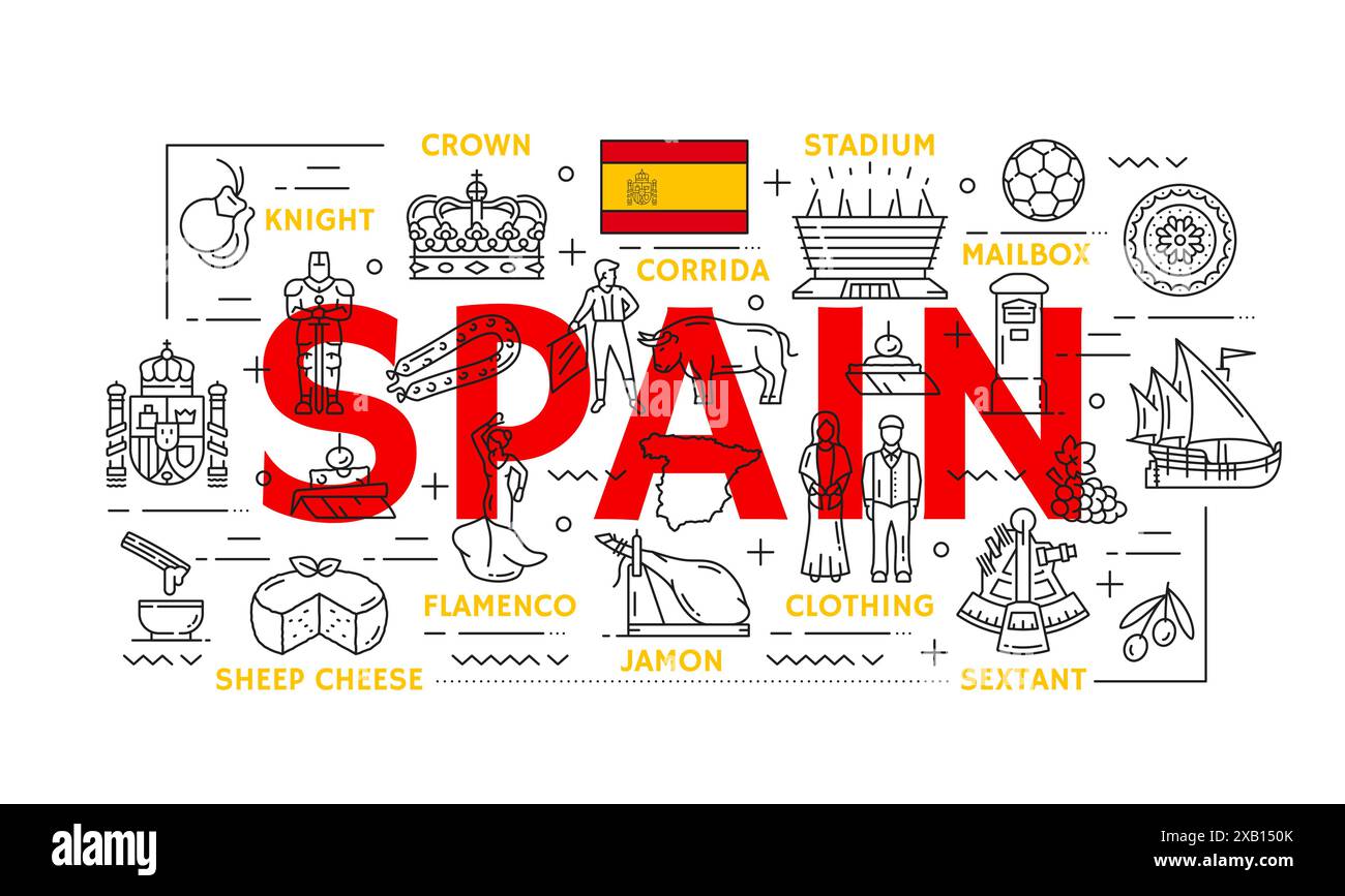Spain travel and landmark line icons. Vector cultural signs of Spanish ...