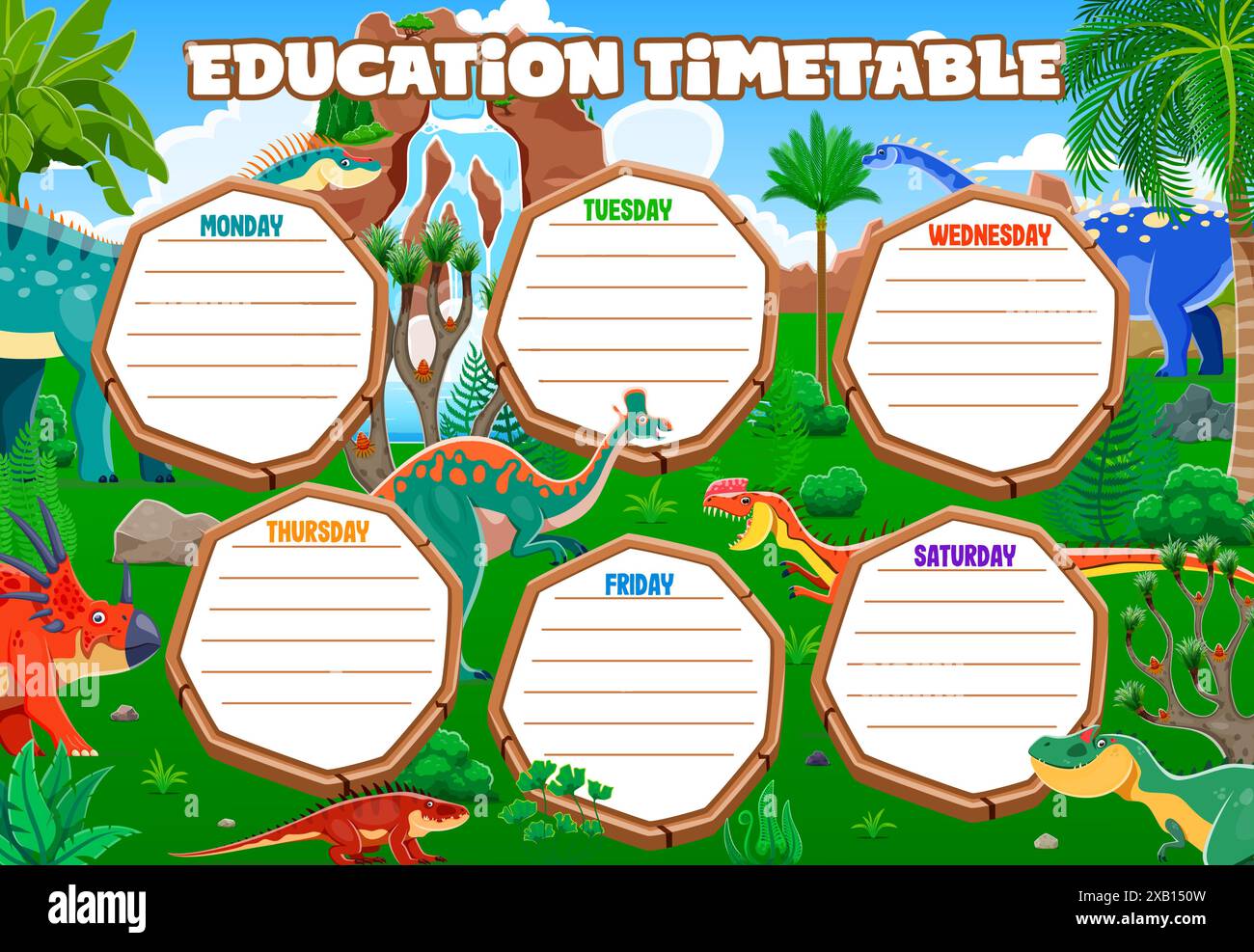 Education timetable schedule with prehistoric dinosaurs. Vector dino ...