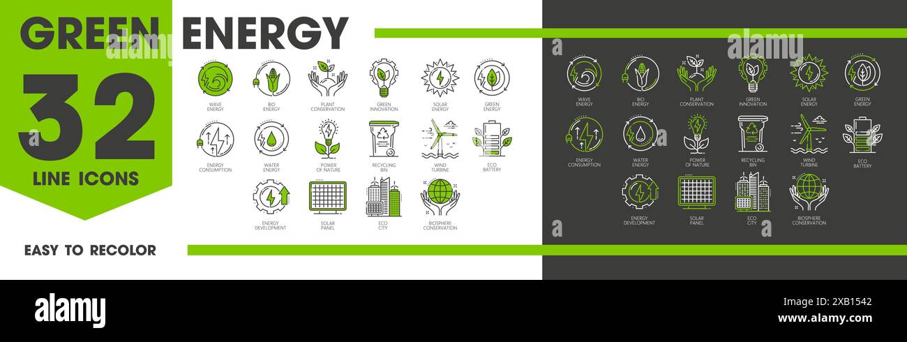 Green energy and eco power line icons, environment and ecology, vector ...