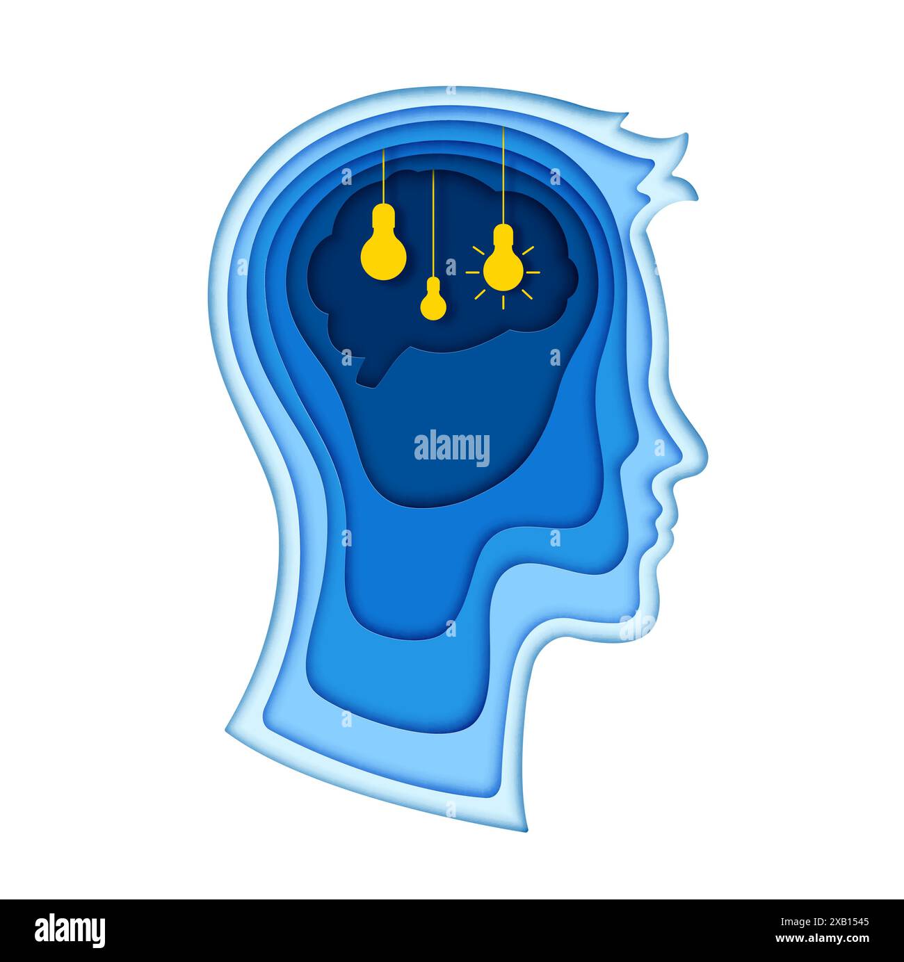 Paper cut human head with light bulb ideas. 3d vector layered papercut ...
