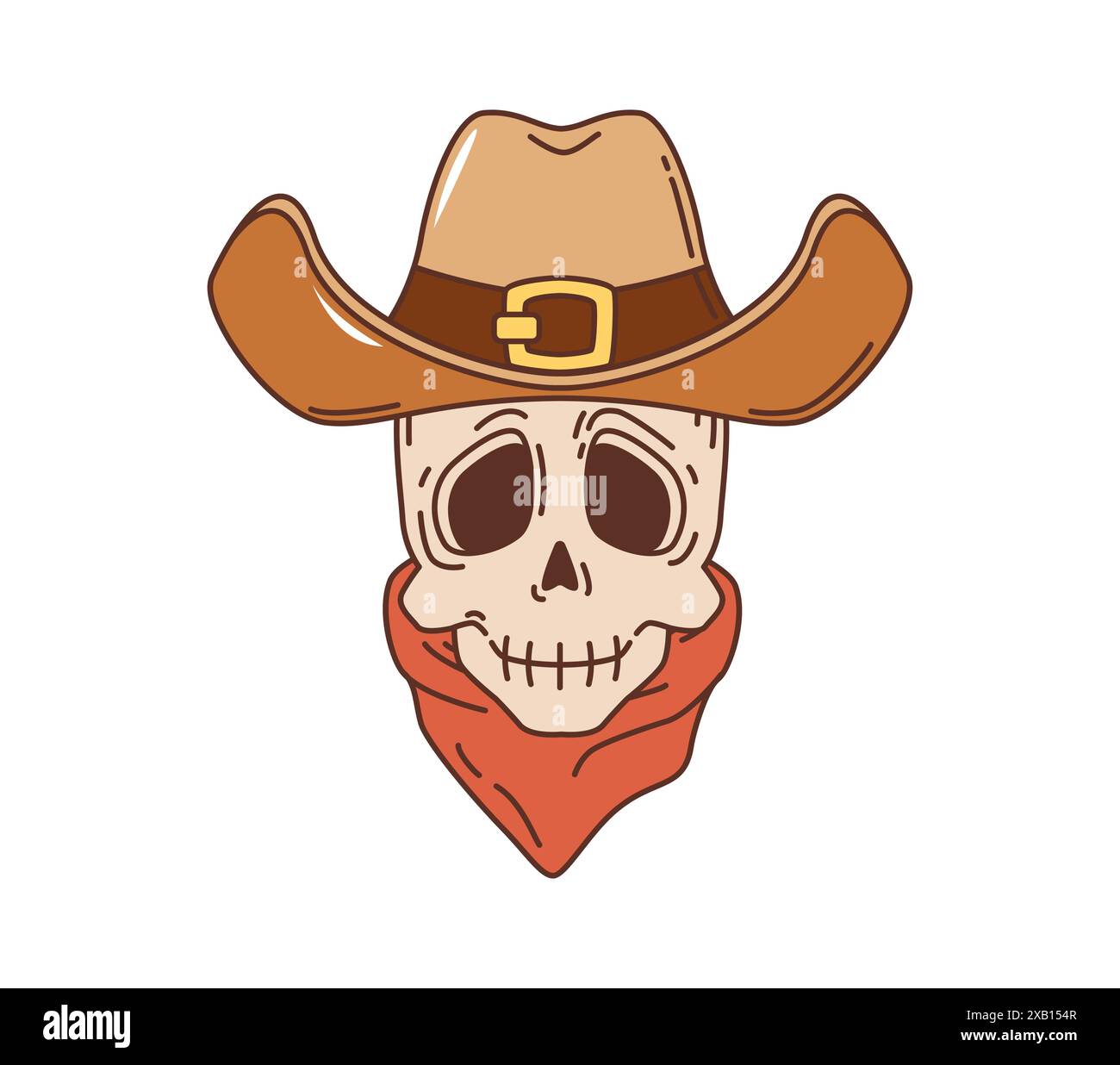 Cartoon Western cowboy skull groovy character wearing leather brown hat ...