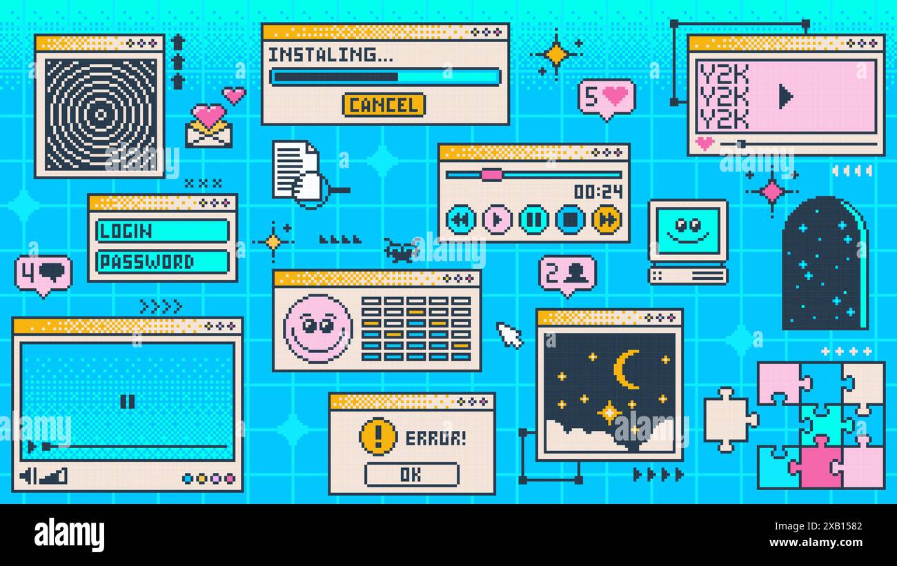 Retro y2k page, computer window interface. Vector pc desktop. Blue, rave screen background in ...