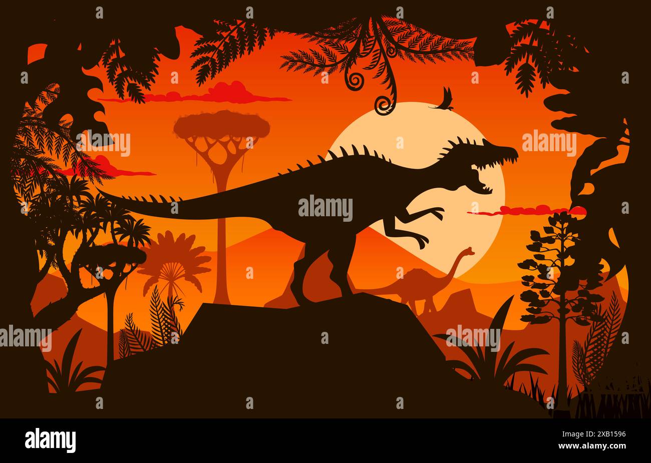 Spinosaurus dinosaur silhouette. Vector prehistoric sunset scene of roaring predatory reptile ...