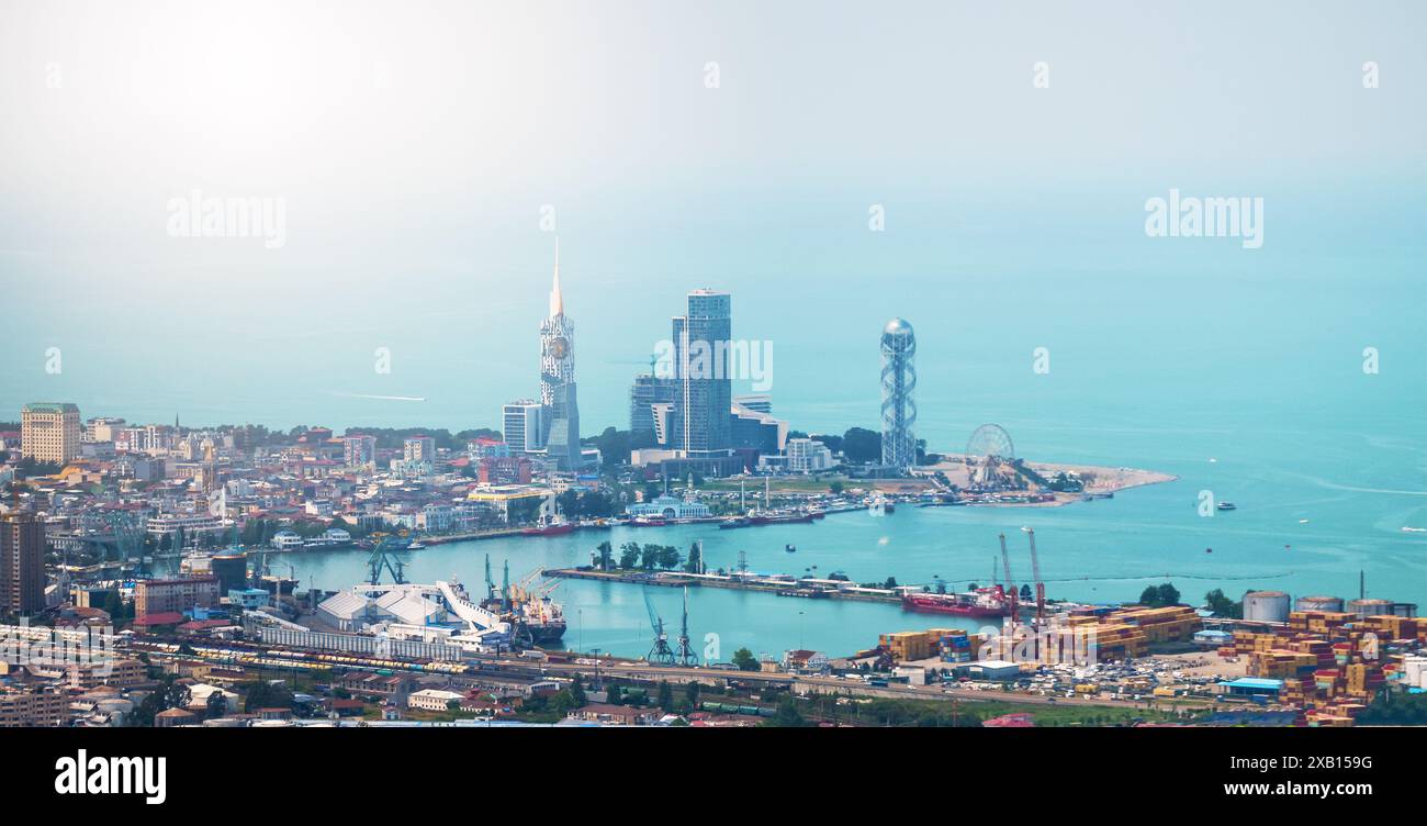 Batumi cityscape with Black Sea coast, modern skyscrapers, and harbor ...