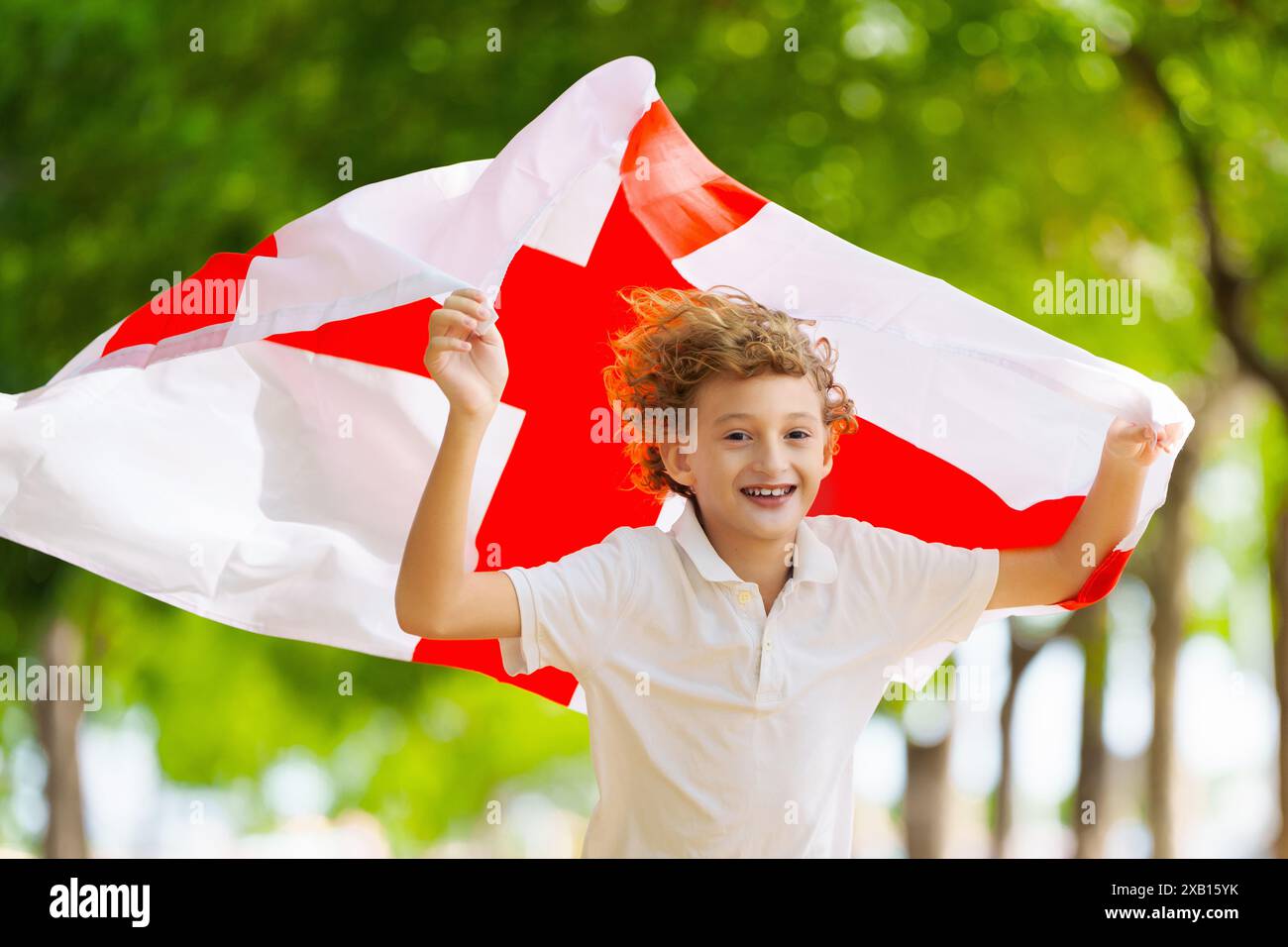 Child running with England flag. English supporter. Little England ...