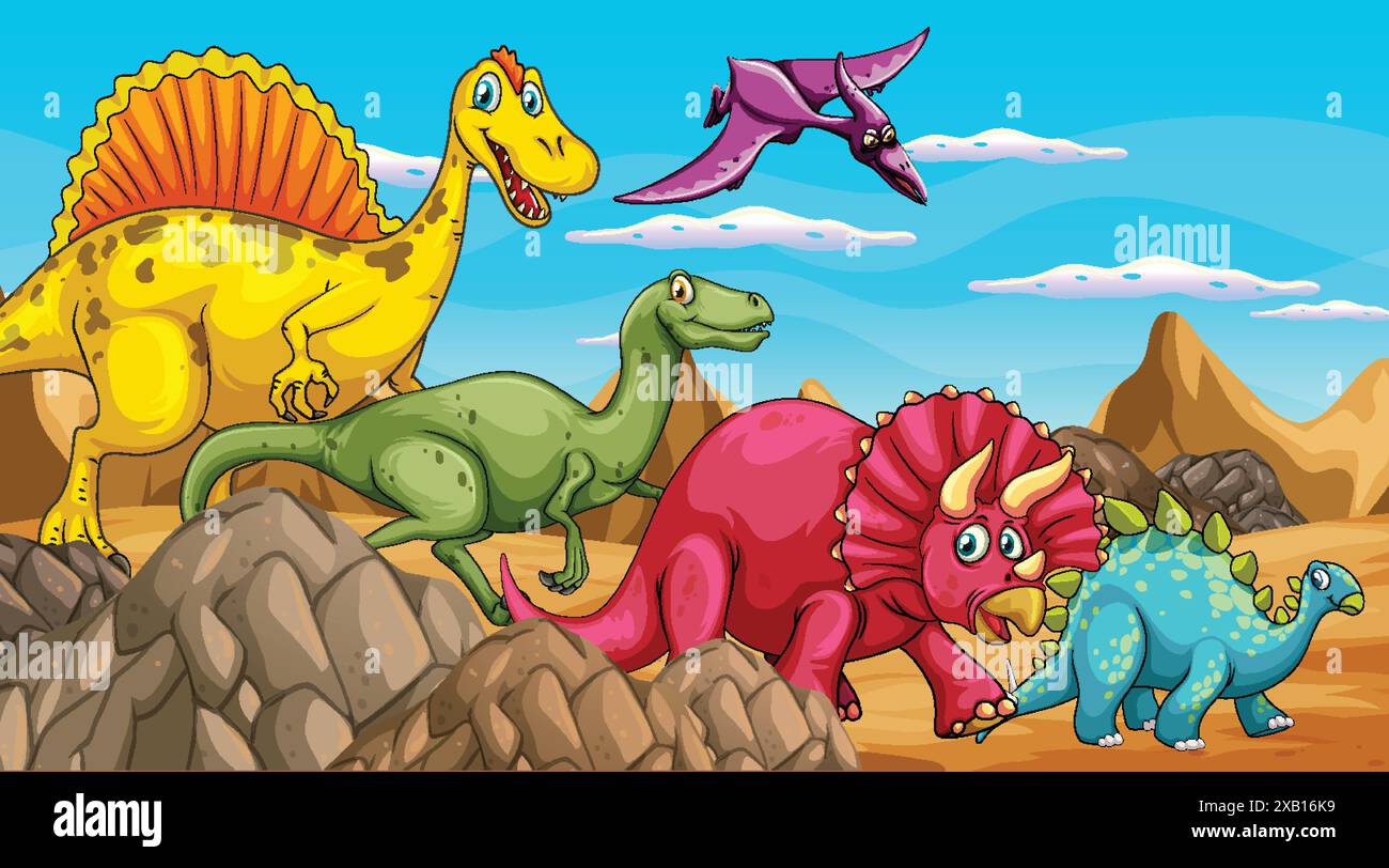 Dinosaurs in a vibrant prehistoric landscape Stock Vector Image & Art ...