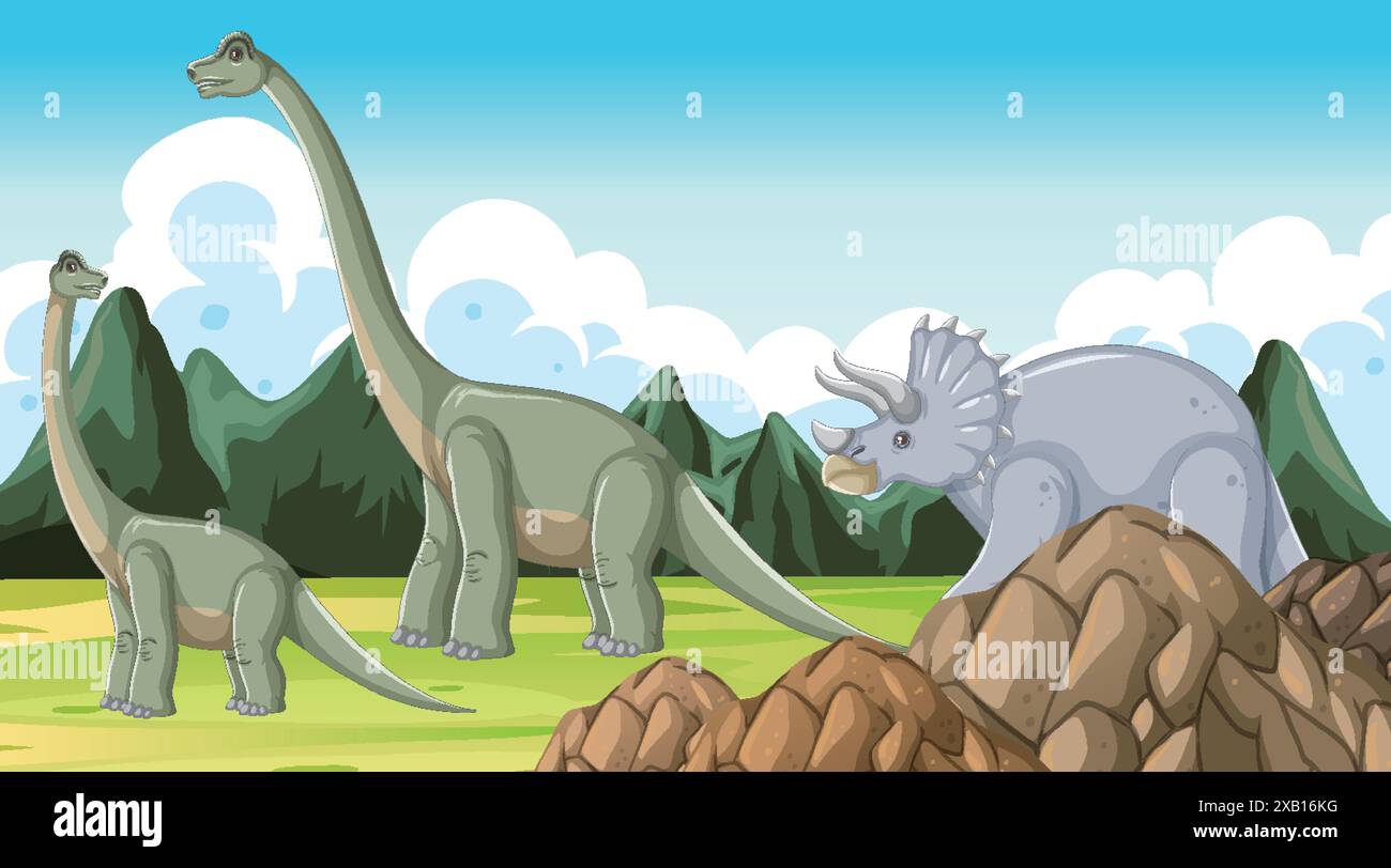 Dinosaurs roaming in a scenic prehistoric environment Stock Vector ...