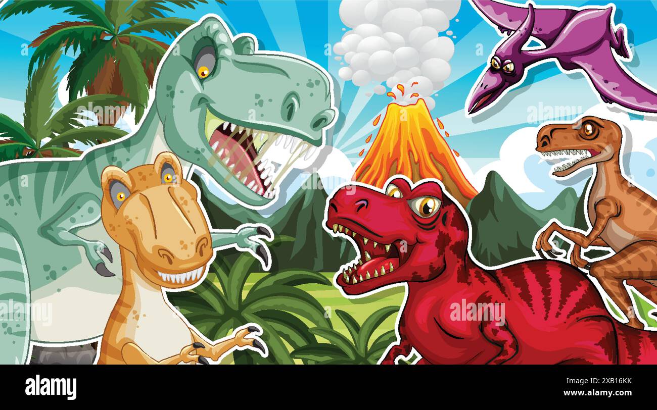 Colorful dinosaurs with volcano and palm trees Stock Vector Image & Art ...