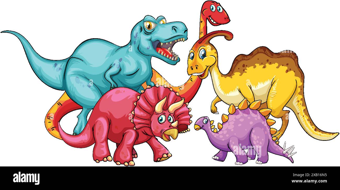 Group of friendly, cartoon dinosaurs in vibrant colors Stock Vector ...