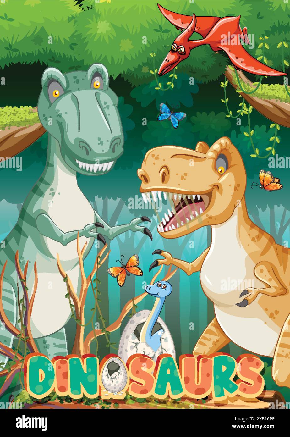 Colorful dinosaurs in a lush, vibrant forest Stock Vector Image & Art ...