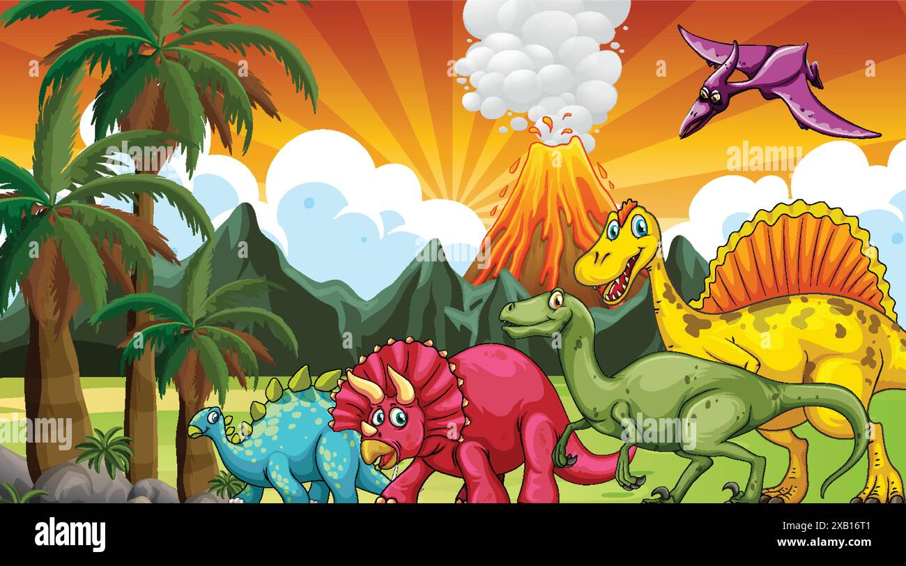 Colorful dinosaurs in a vibrant prehistoric scene Stock Vector Image ...