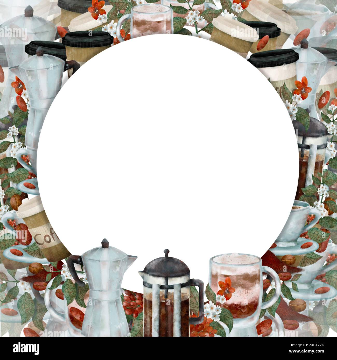 Artistic coffee-themed frame with watercolor coffee makers and cups ...