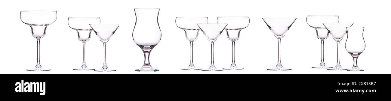 Set Of Different Empty Glasses For Drinks And Cocktails On Black Background With Clipping Path