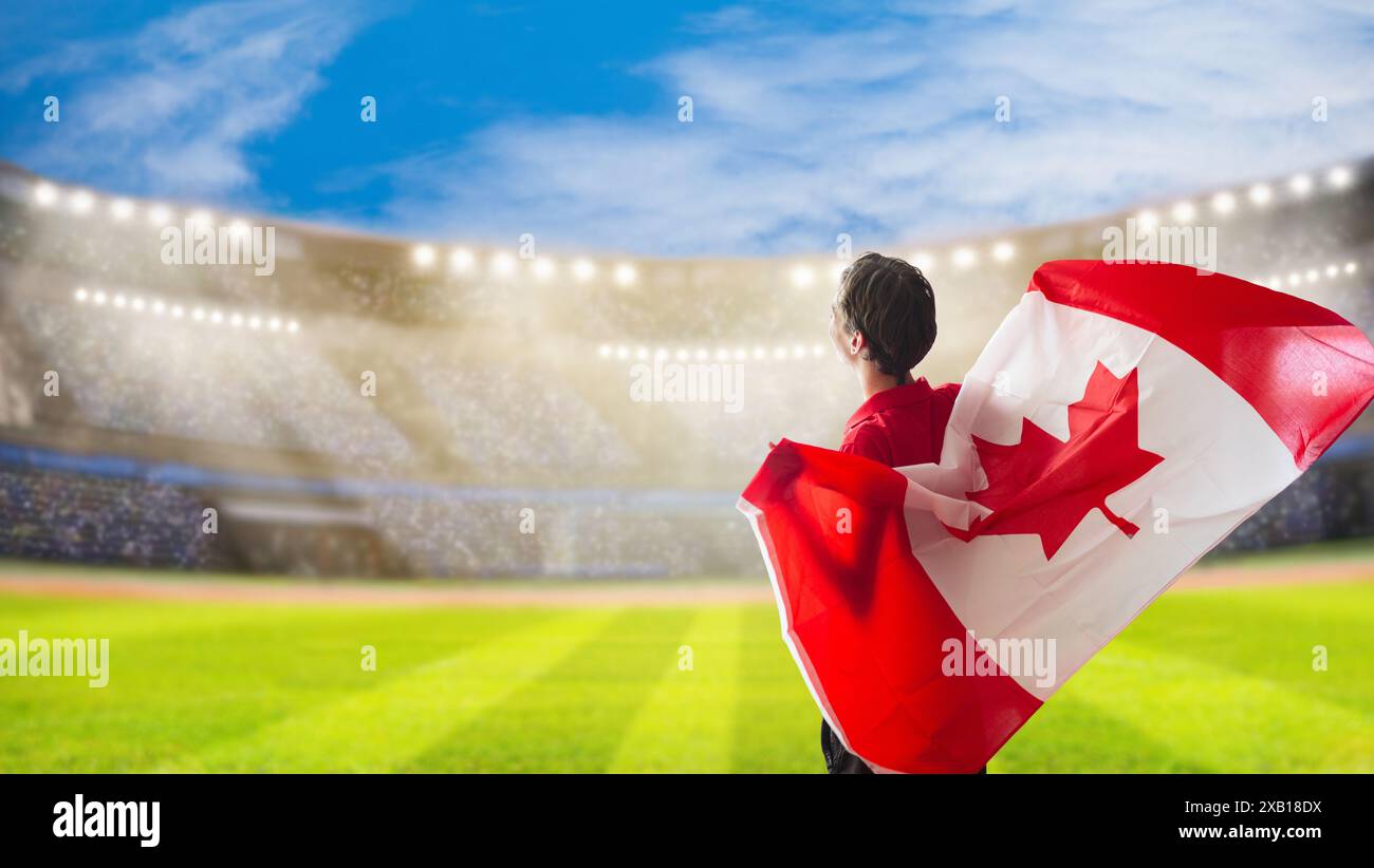Canada football supporter on stadium. Canadian fans on soccer or hockey ...