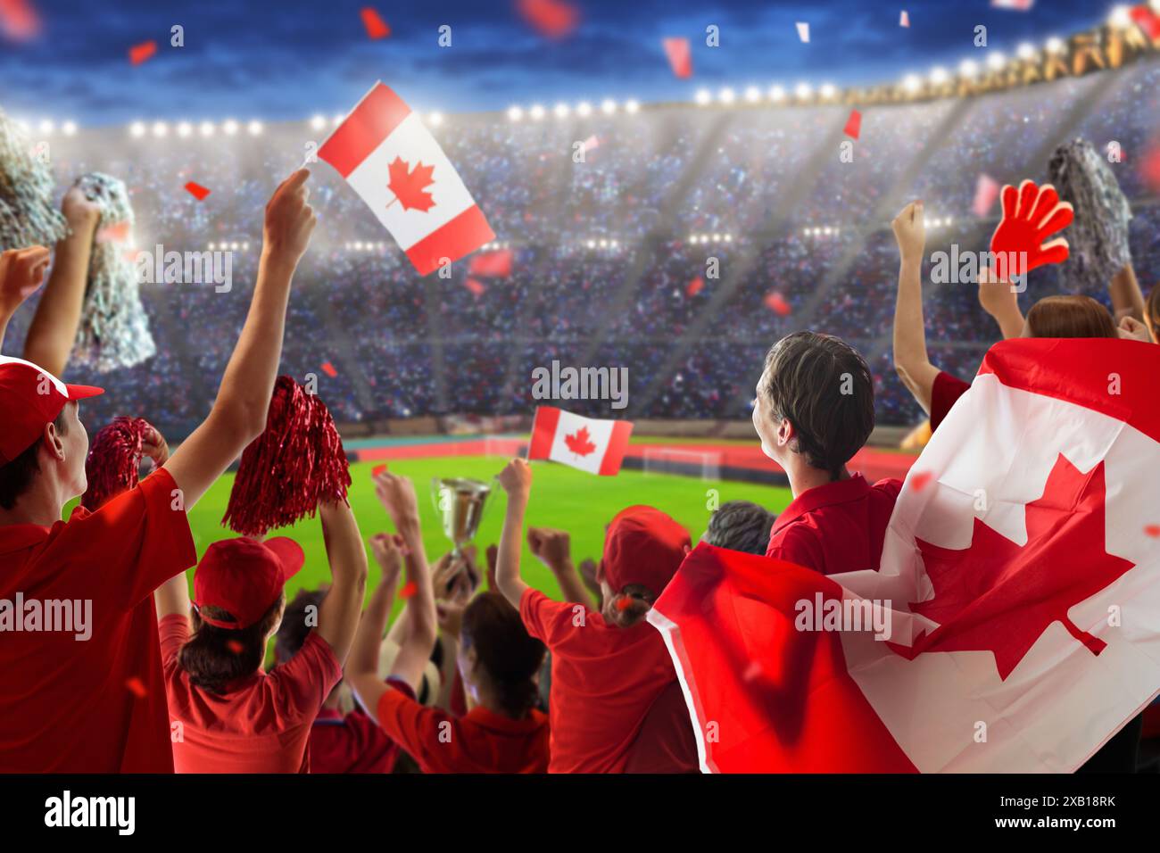 Canada football supporter on stadium. Canadian fans on soccer or hockey ...