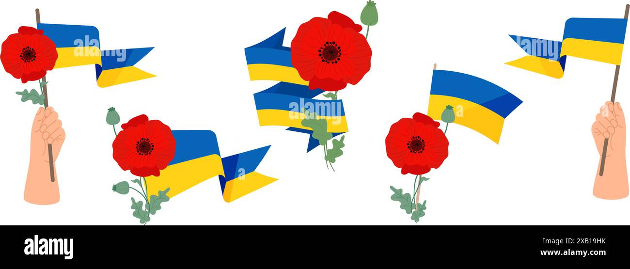 Ukrainian flag with poppy. Hand with yellow blue flag with red flower ...