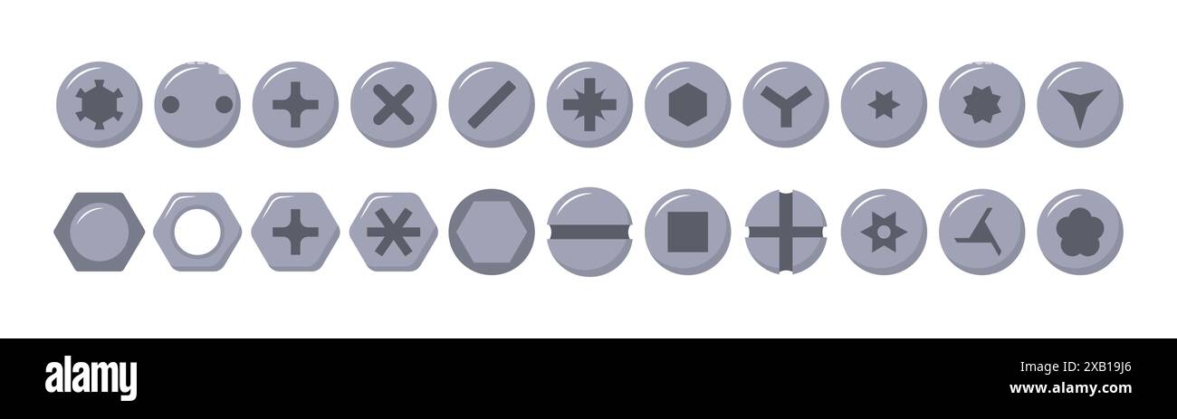 Set of metal screw heads. Stainless steel bolts. Silver nails and ...