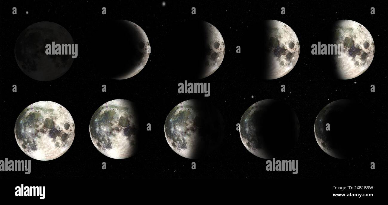 Universe, outer space and solar system with moon stages on darkness ...