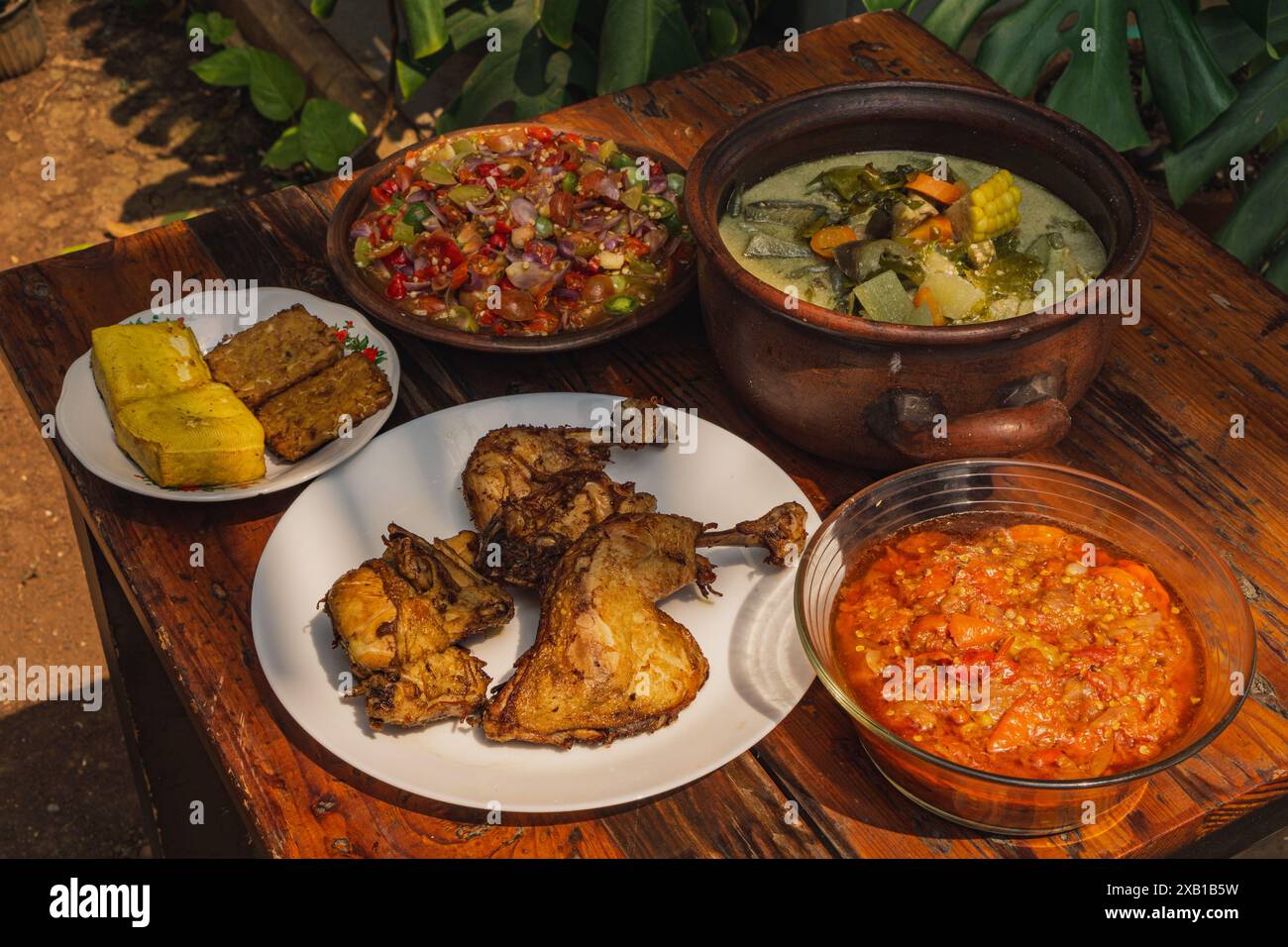 fried chicken with cracker, serve with sambal matah, sayur lodeh and ...