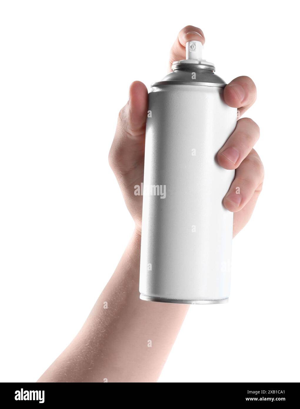 Man with can of spray paint on white background, closeup Stock Photo ...