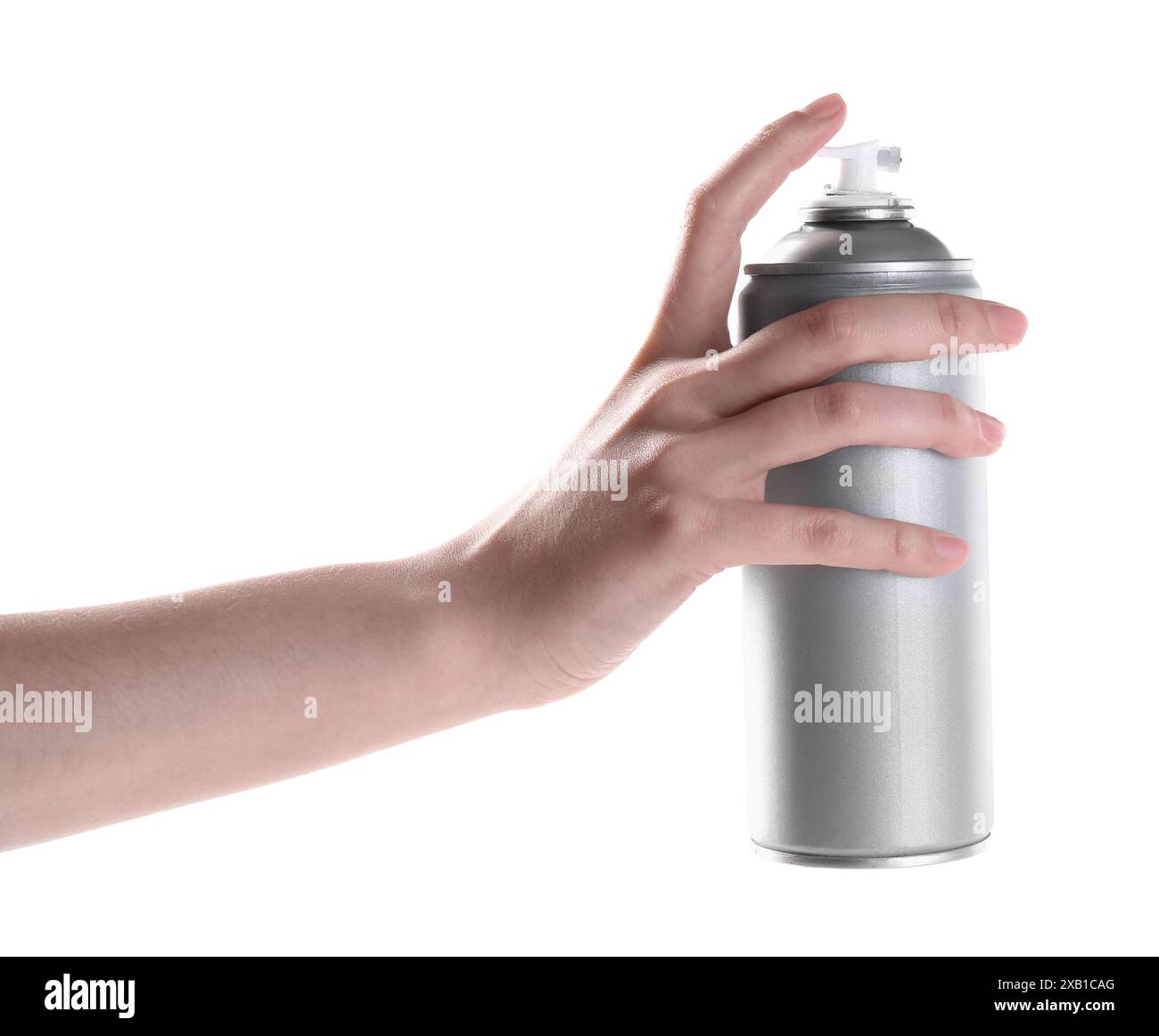 Man with can of spray paint on white background, closeup Stock Photo ...