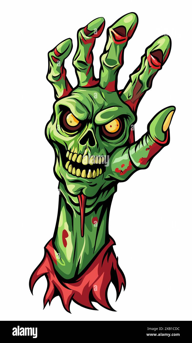 Green Zombie hand with a creepy face isolated on a white background ...