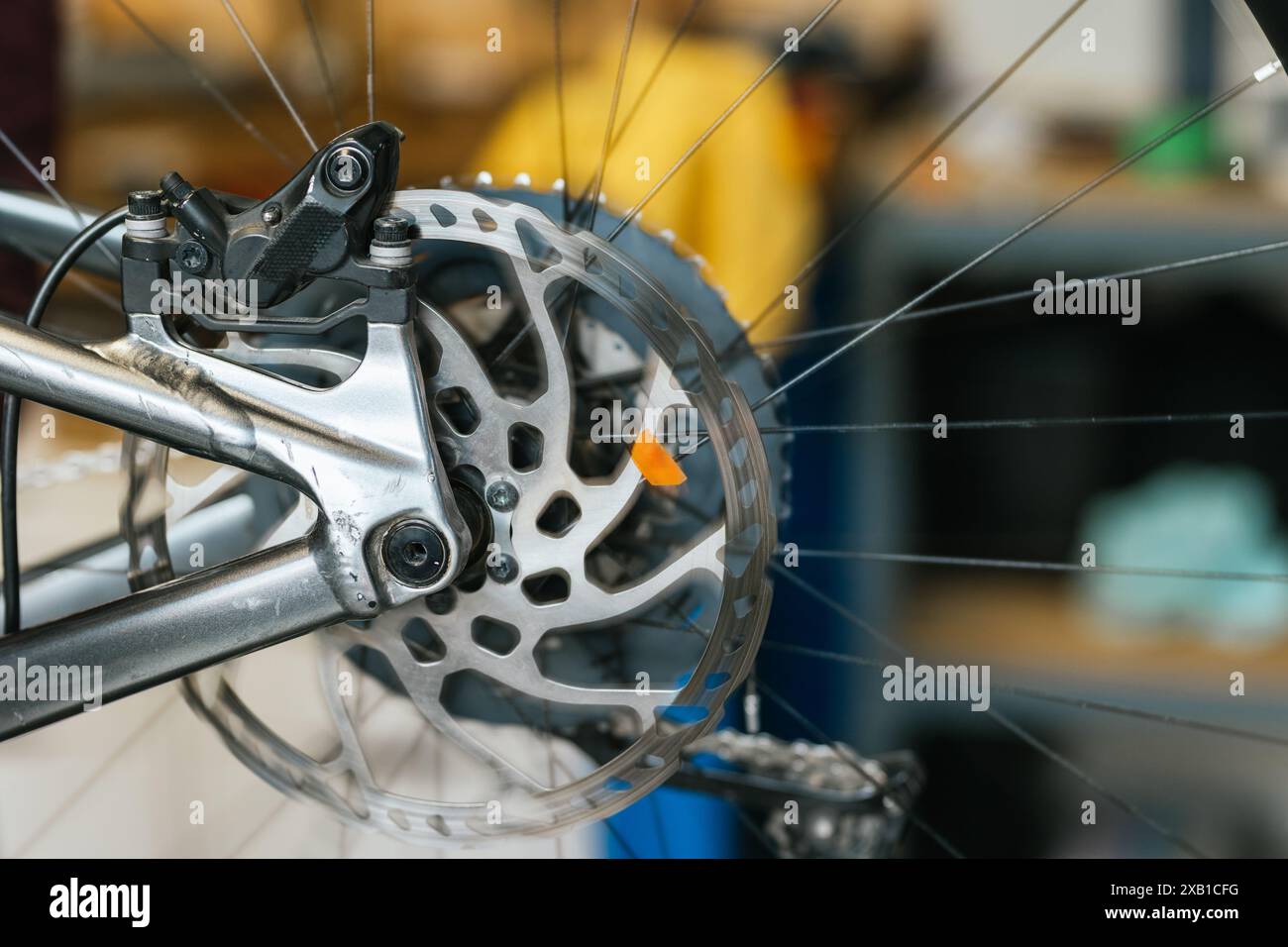 Detail shot of the disc brake of a mountain bike spinning Stock Photo ...