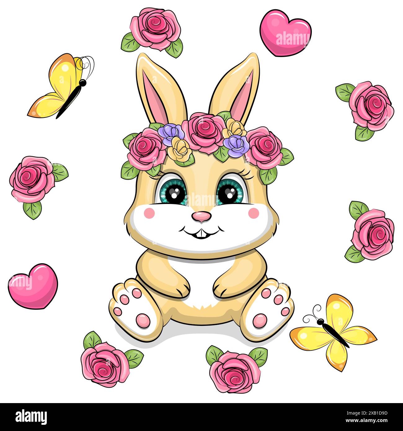 A cute cartoon rabbit in a flower wreath sits in a roses frame. Spring ...