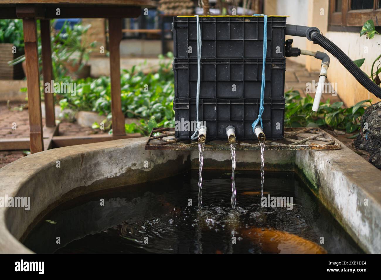 home made water filter for fishpond using a plastic container and a PVC ...