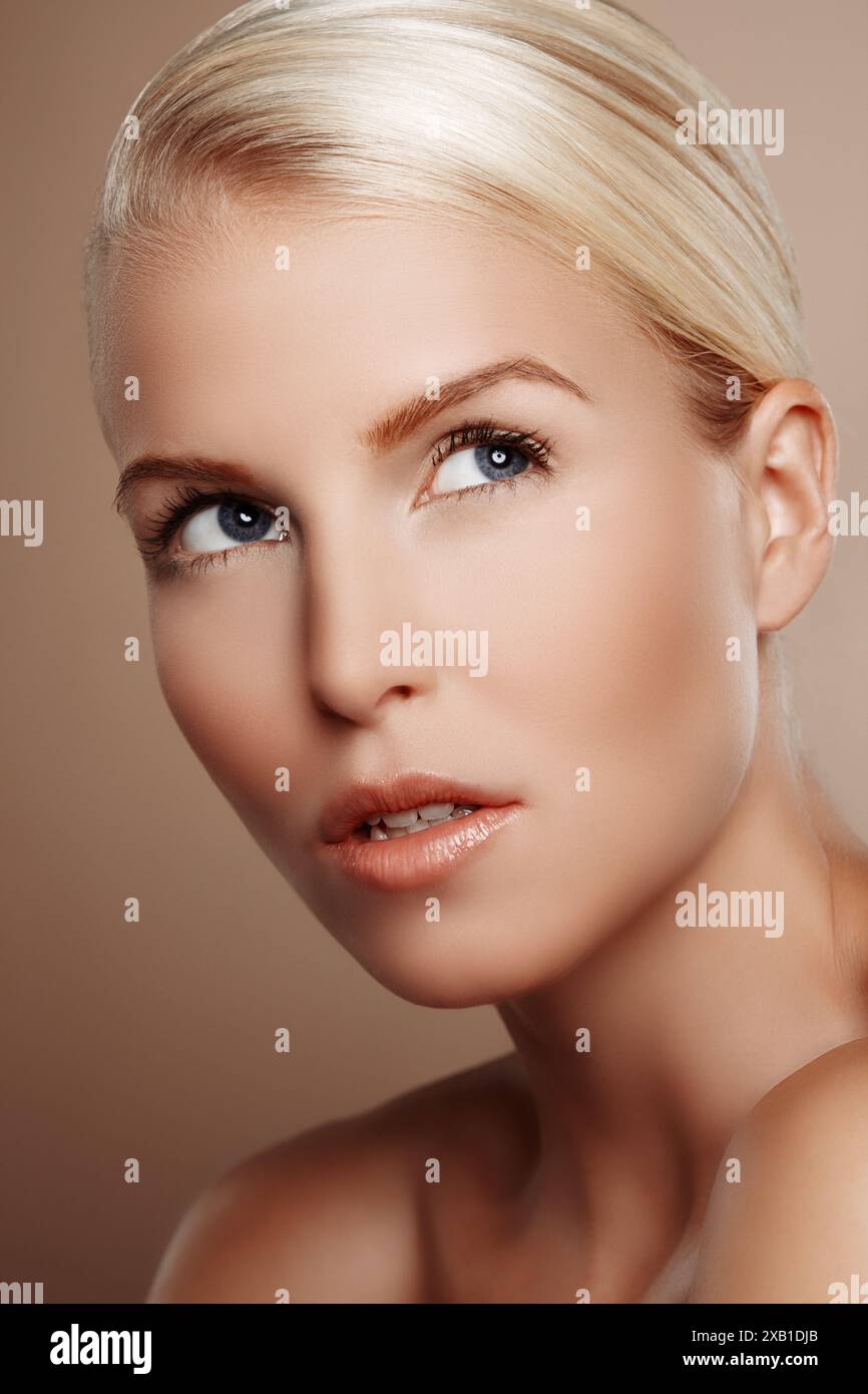 Thinking, beauty and woman with wellness for skincare idea, facial glow ...