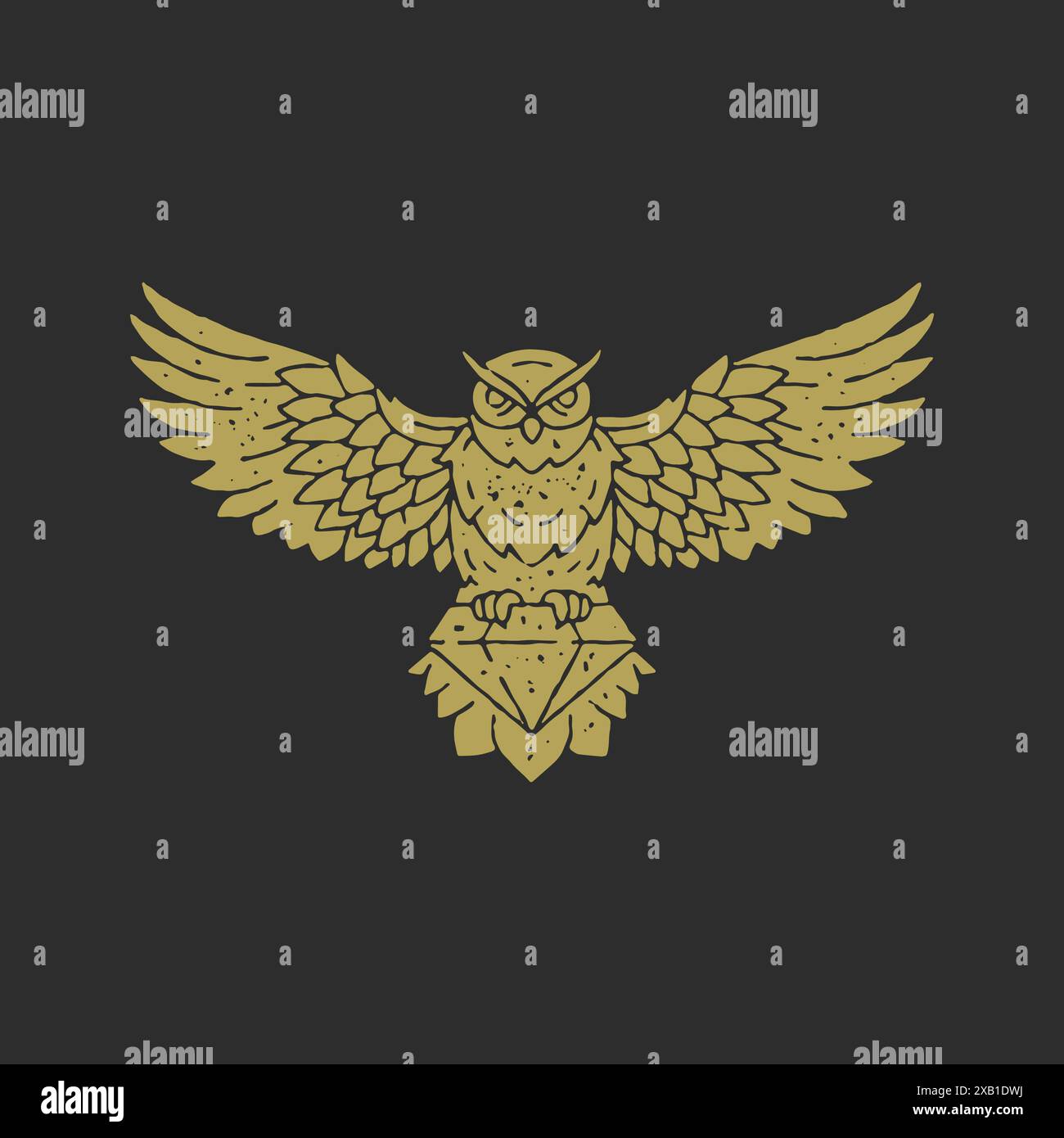 Antique flying owl with diamond grunge texture golden silhouette vector ...