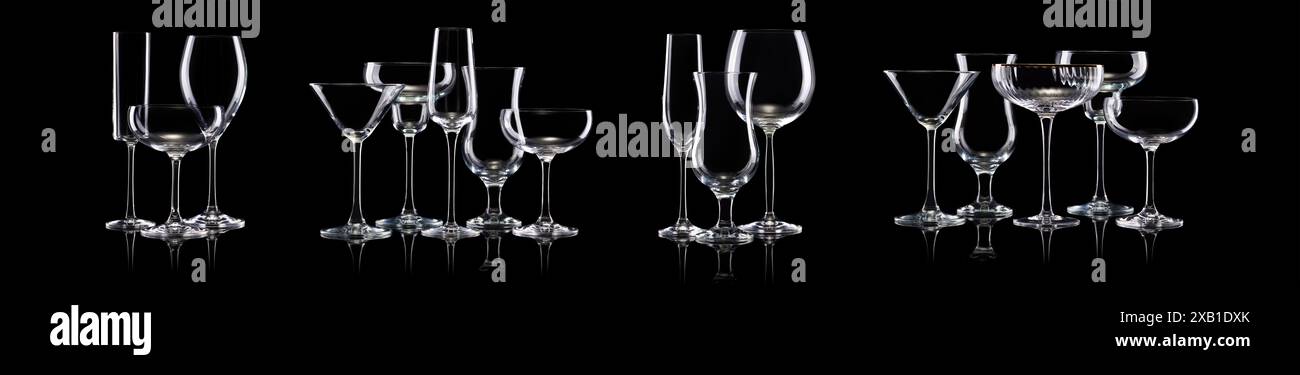 Set Of Different Empty Glasses For Drinks And Cocktails On Black Background With Clipping Path