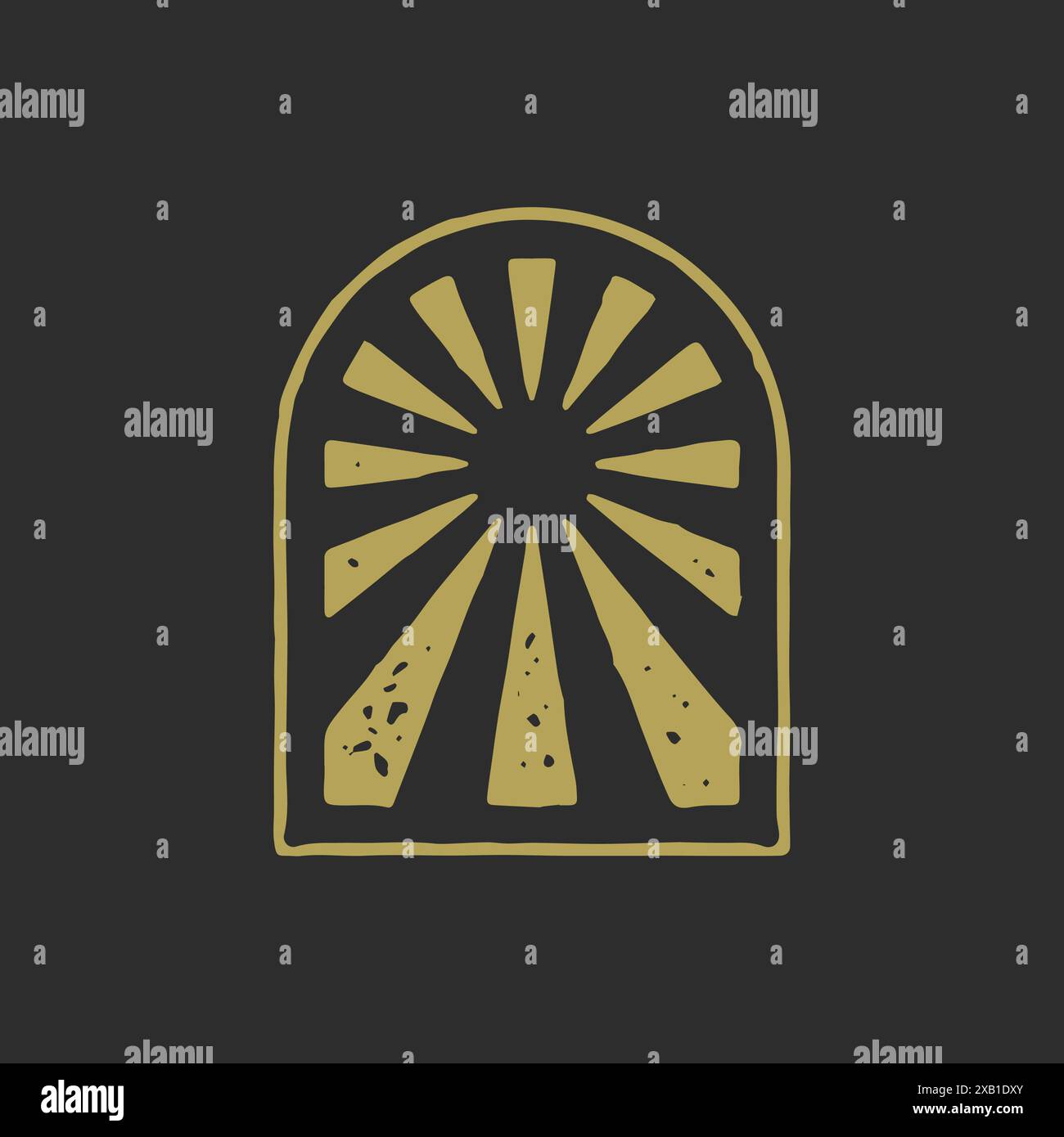 Abstract spiritual symbol antique golden sun light beams in arch frame ...