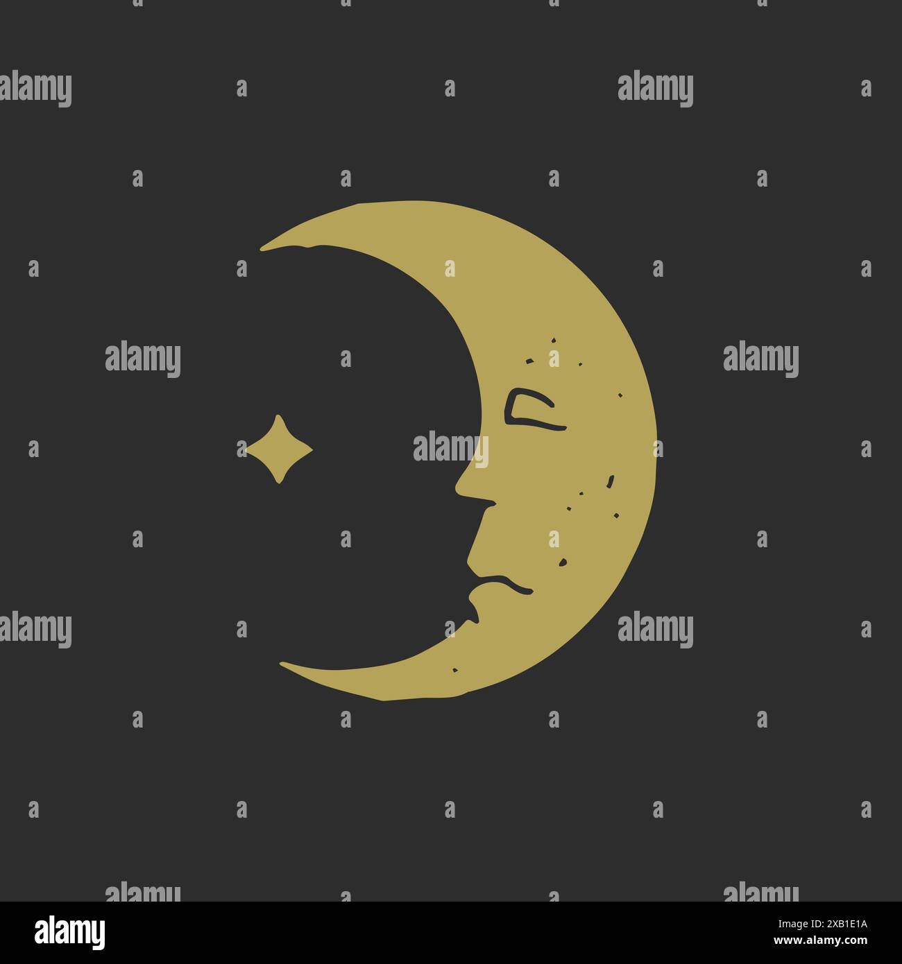 Crescent esoteric sleep face and star antique hand drawn outline grunge ...