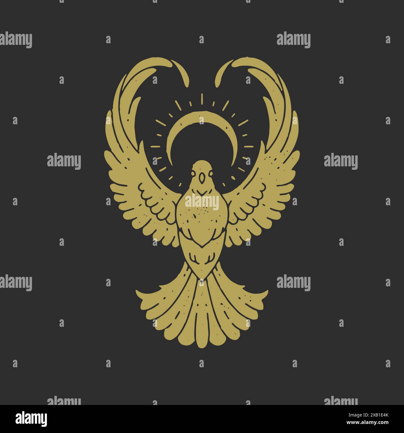 Amazing spiritual bird with raised wings under half moon and rays ...