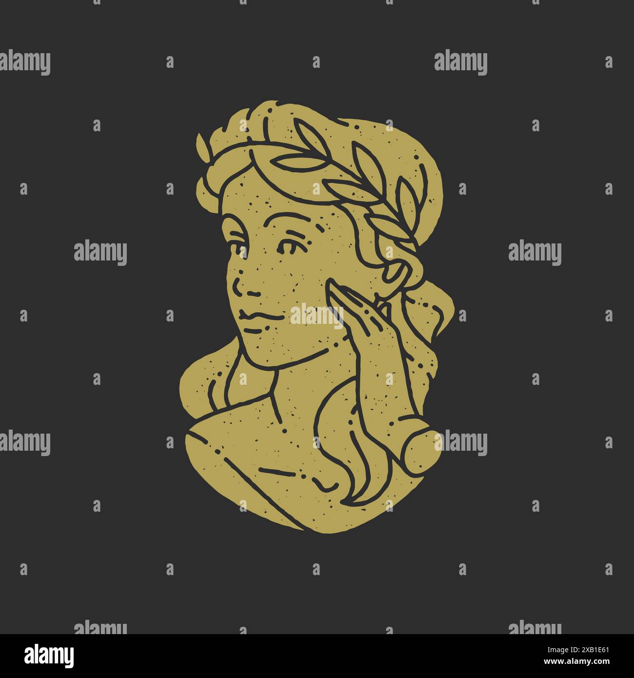 Woman antique goddess bust in olive wreath touching face skin grunge ...