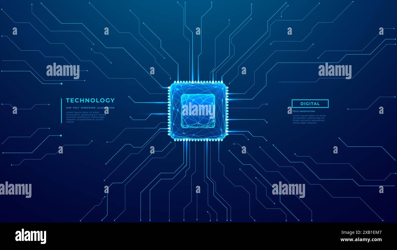 CPU chip on technology blue background. Circuit board and core Stock ...
