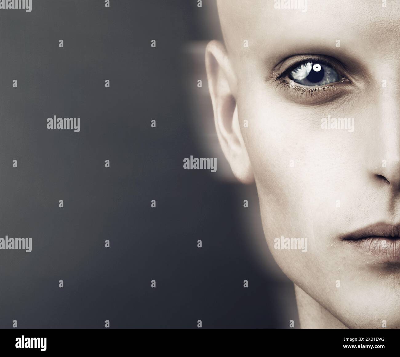 Space, alien and face of creature from galaxy, universe or secret ...