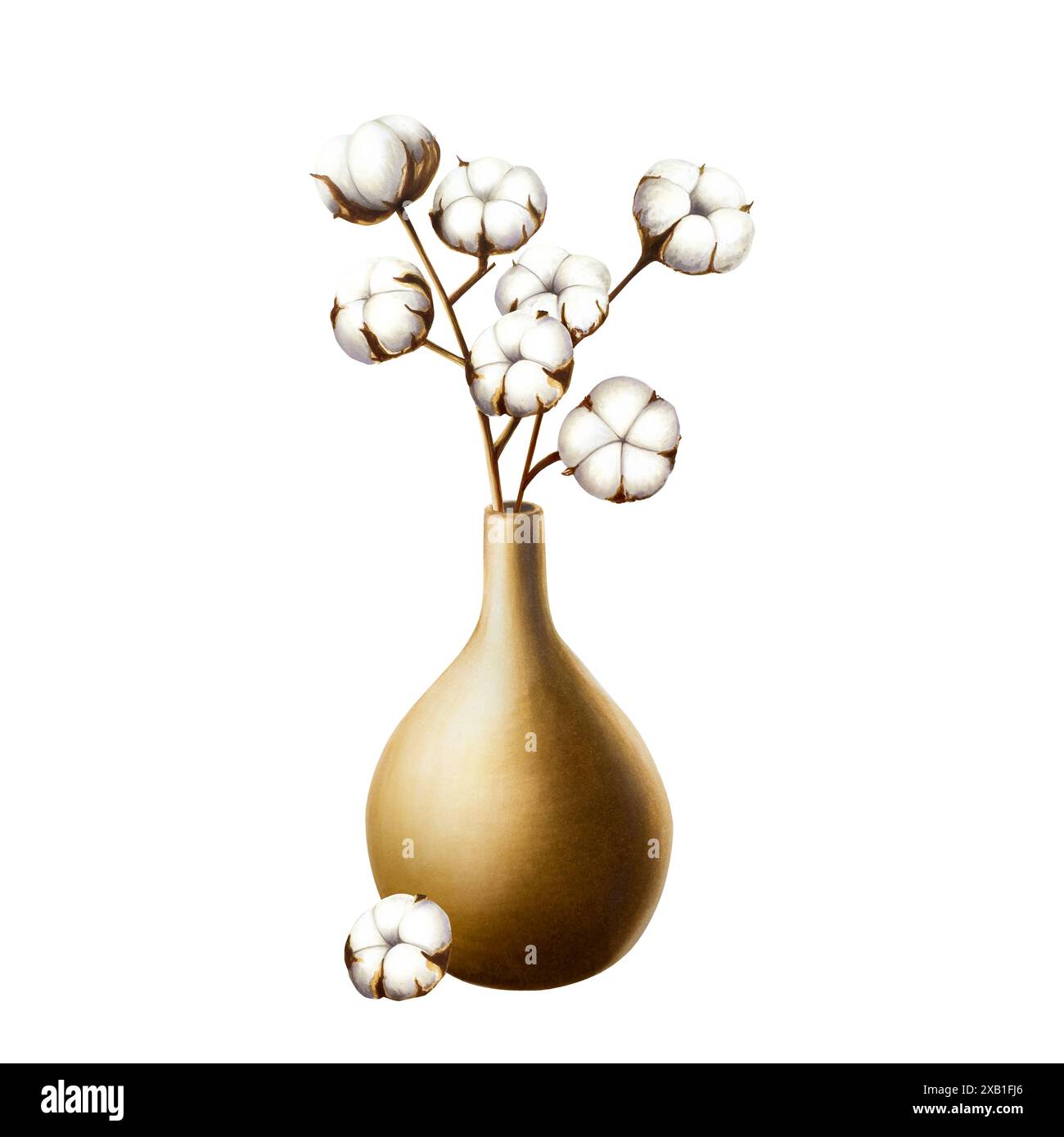 Antique ceramic vase with cotton flower branch. Watercolor hand drawn ...