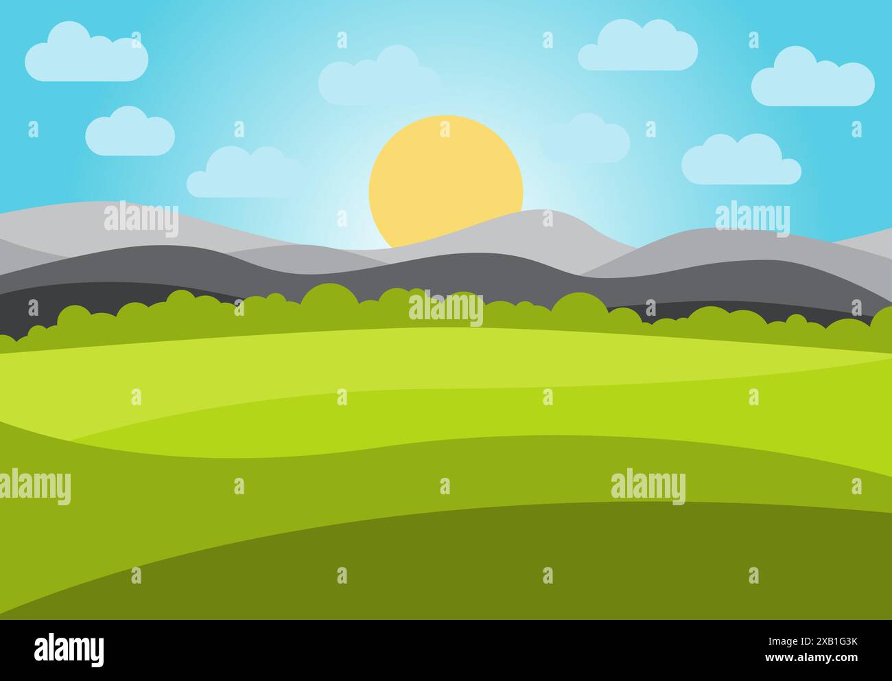 Vector landscape with field and mountains. Early morning with the ...