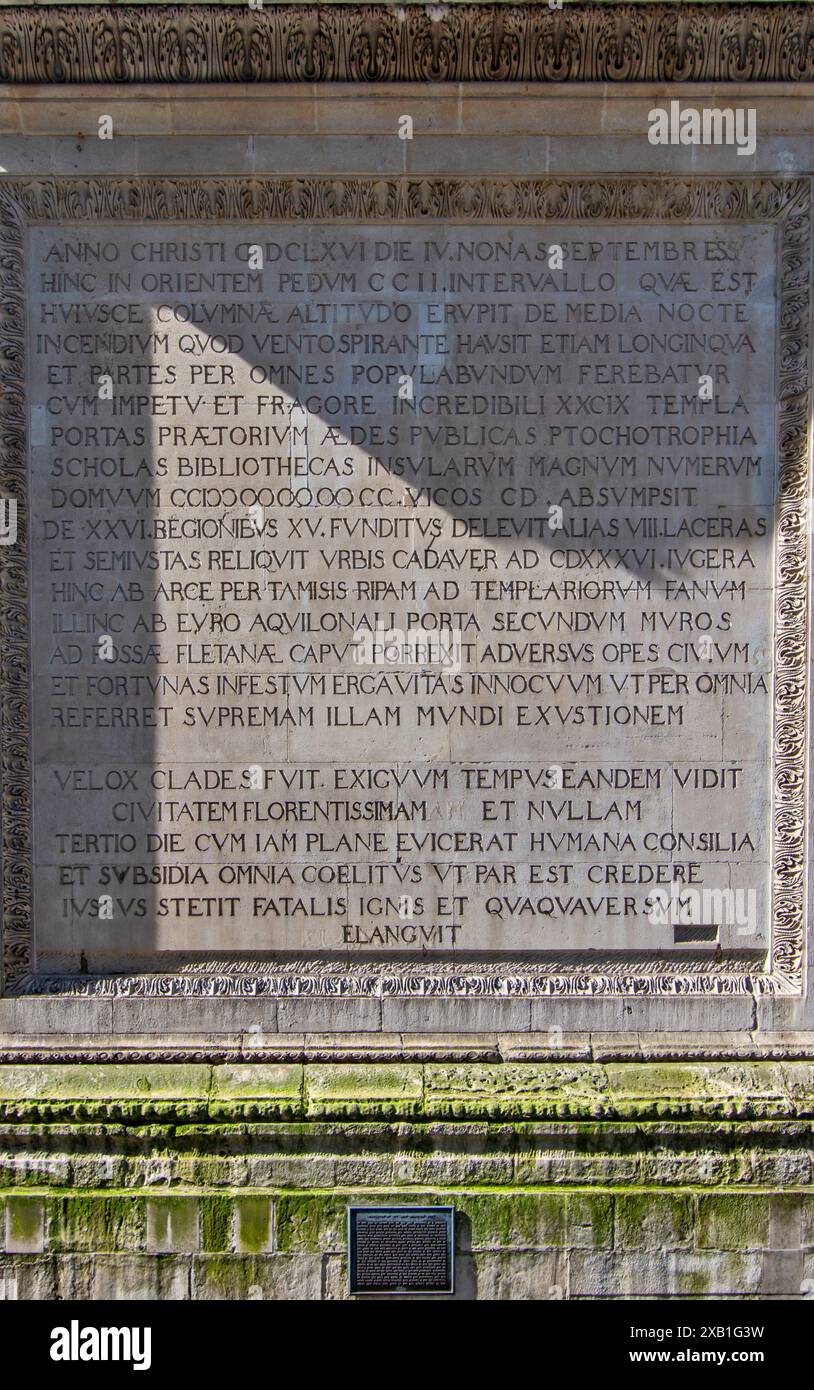 Monument to the Great Fire of London Latin inscription on a side of the ...
